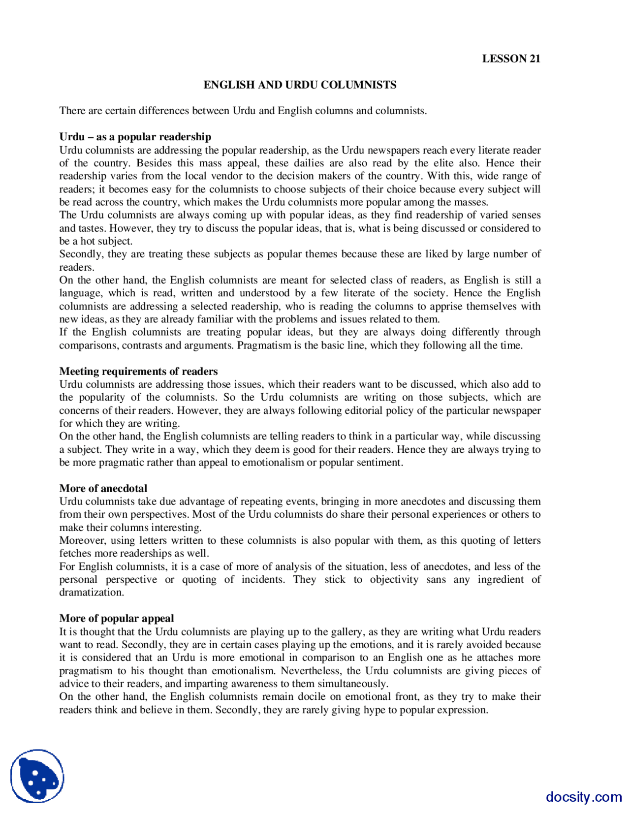 English And Urdu Columnist Feature And Coloumn Writing Lecture Handout