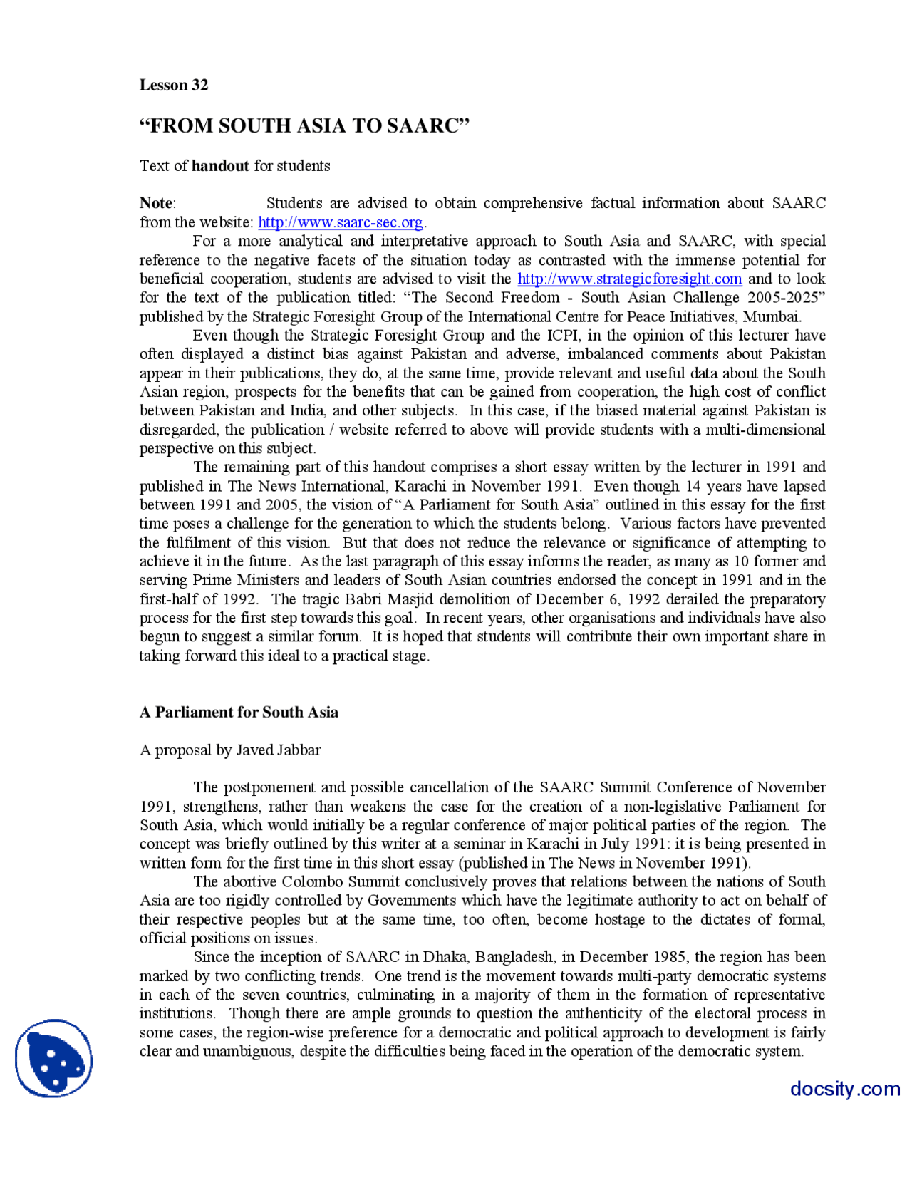 Saarc Globalization Of Media Lecture Handout Docsity