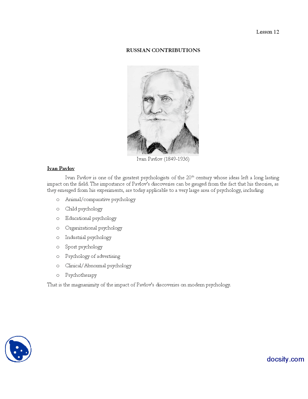 Russian Contributions Part 2 History Of Psycology Lecture Handout Docsity