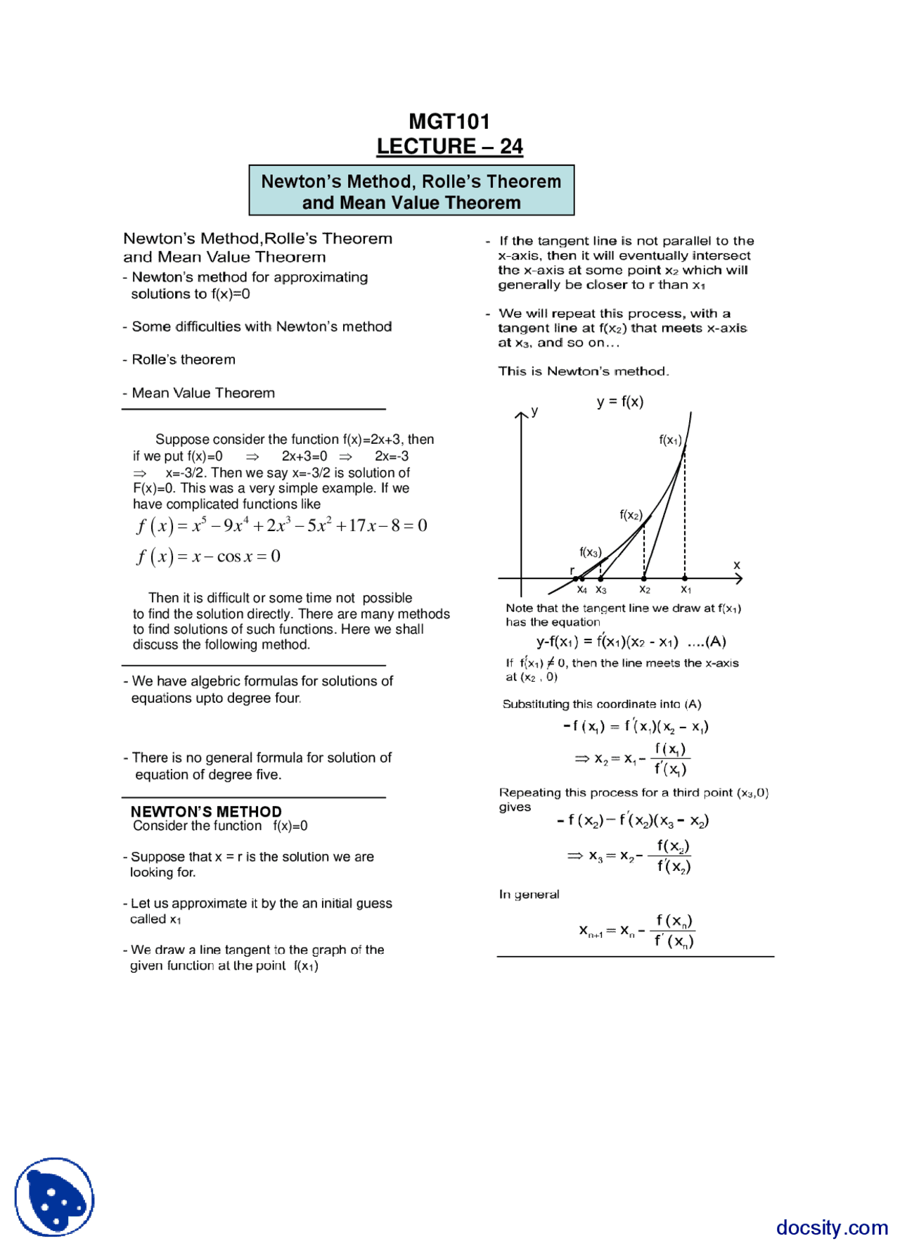 Mean Value Theorem General Mathematics Lecture Handout Docsity