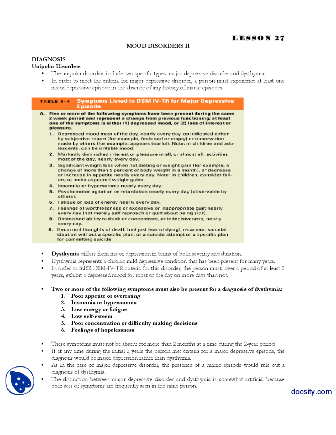 Mood Disorders Part 2 Abnormal Psycology Lecture Handout Docsity