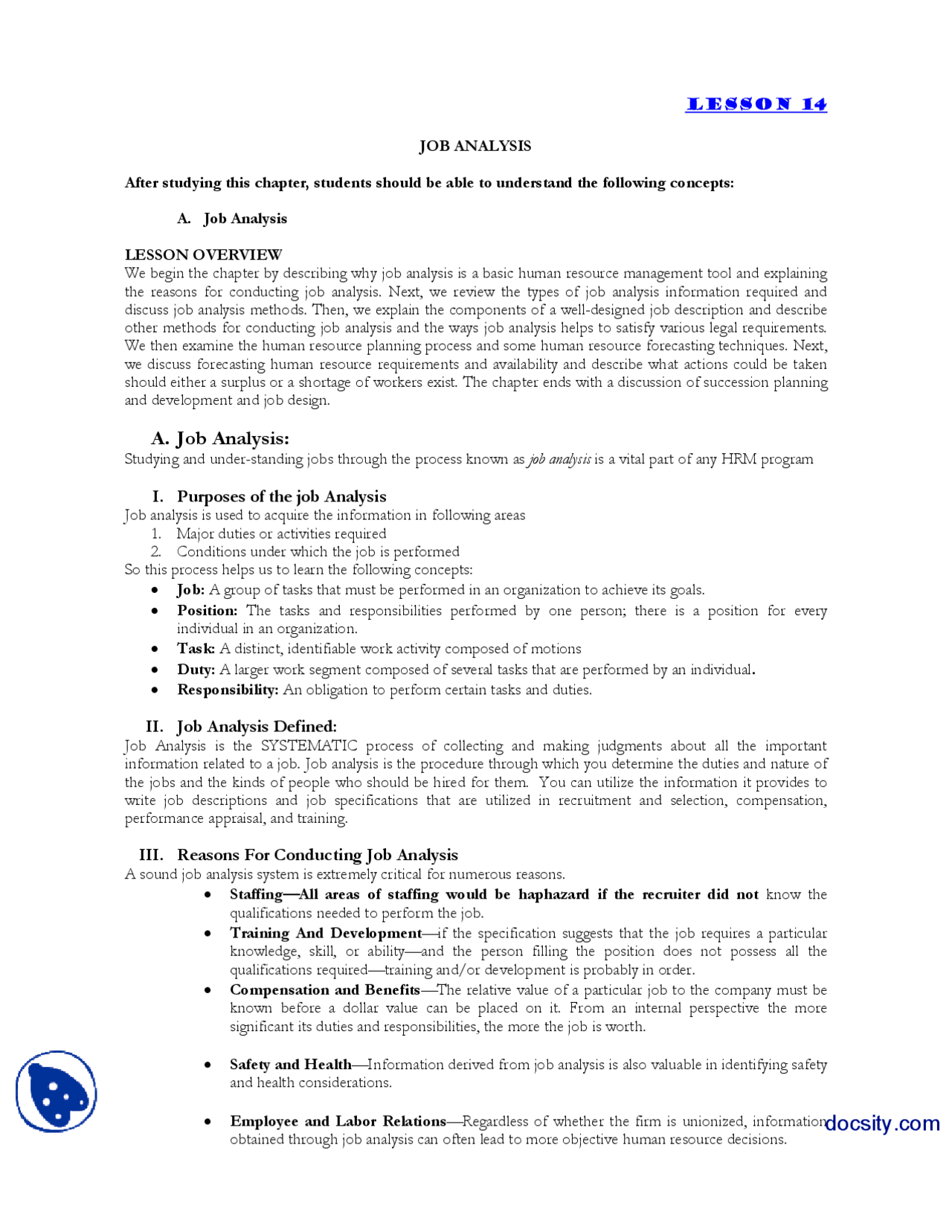 Job Analysis Human Resource Managment Lecture Handout Docsity