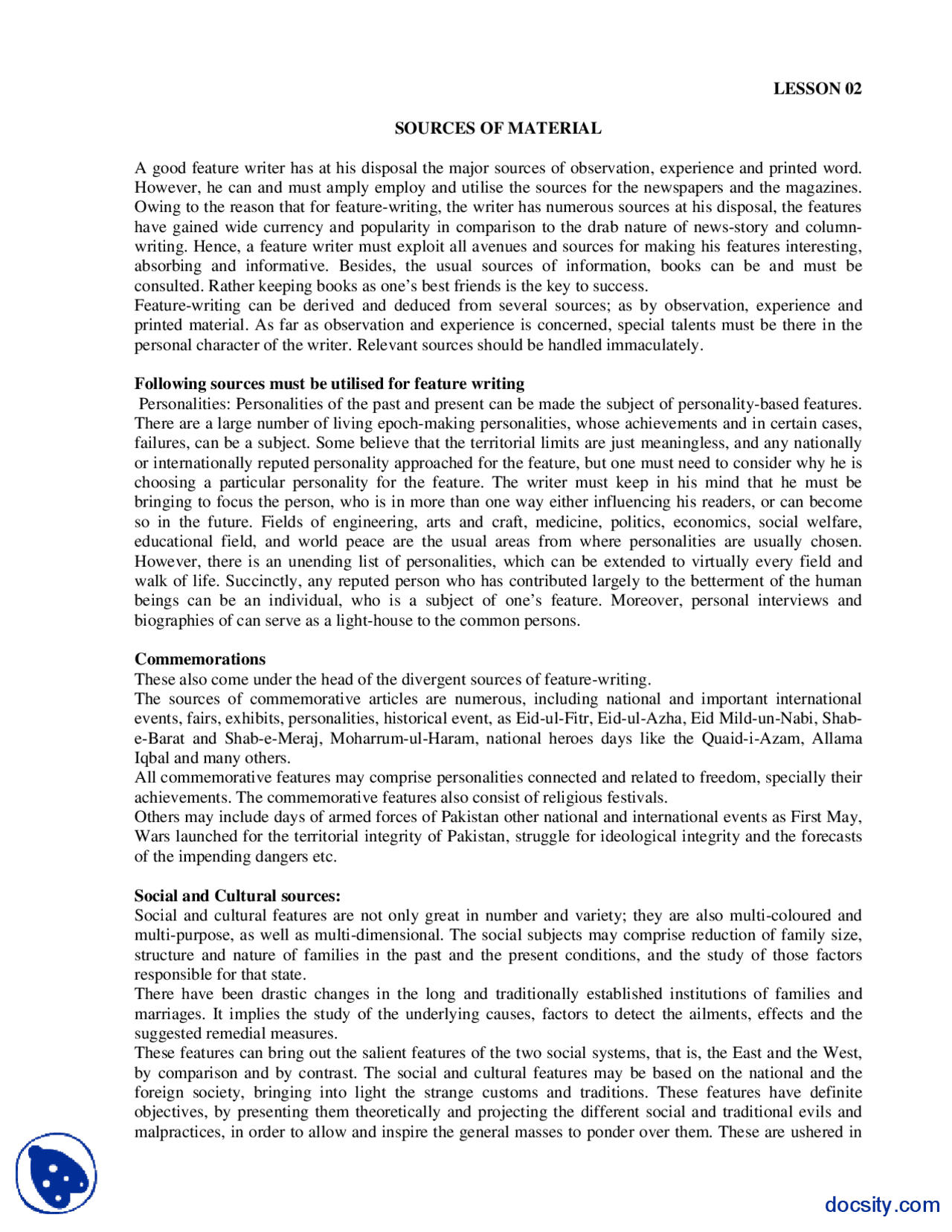 Source Of Materials Feature And Coloumn Writing Lecture Handout