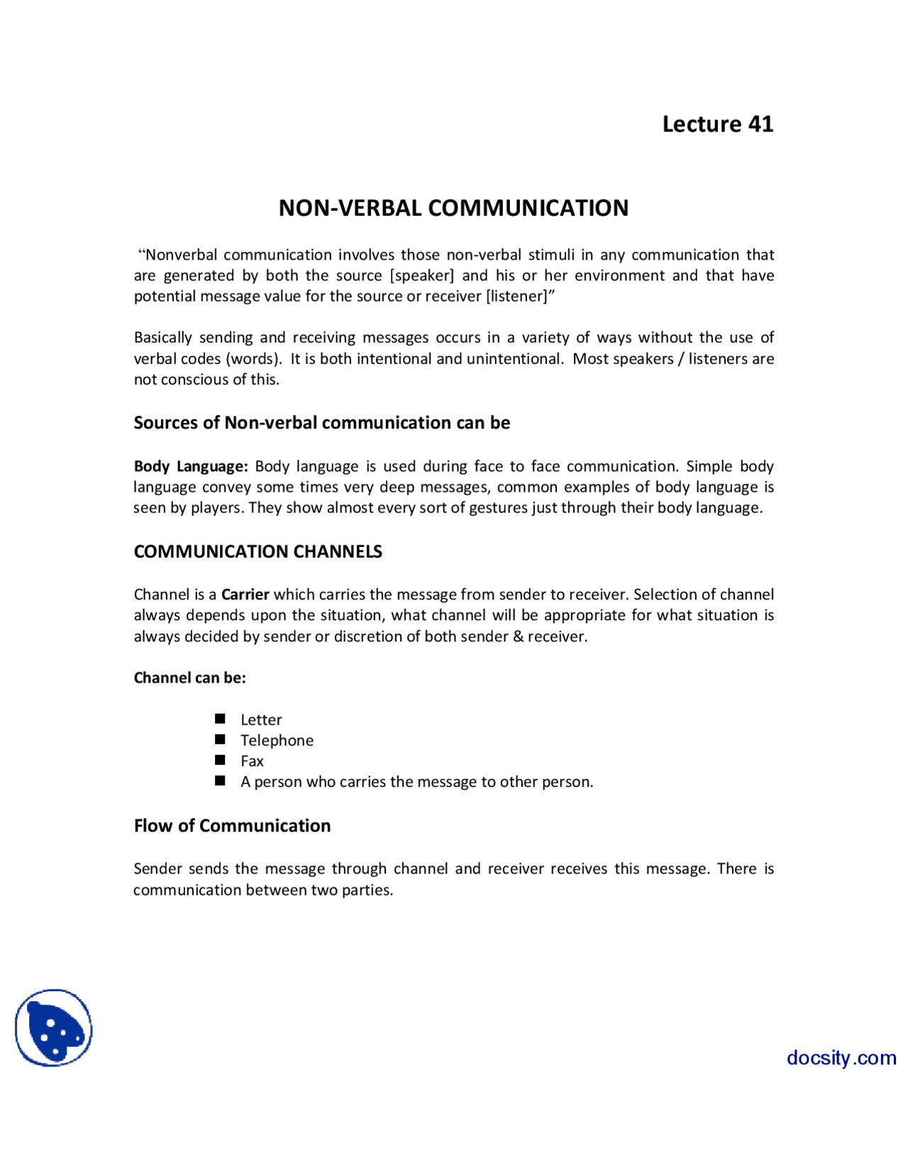 Non Verbal Communication Introduction To Business Lecture Handout Docsity