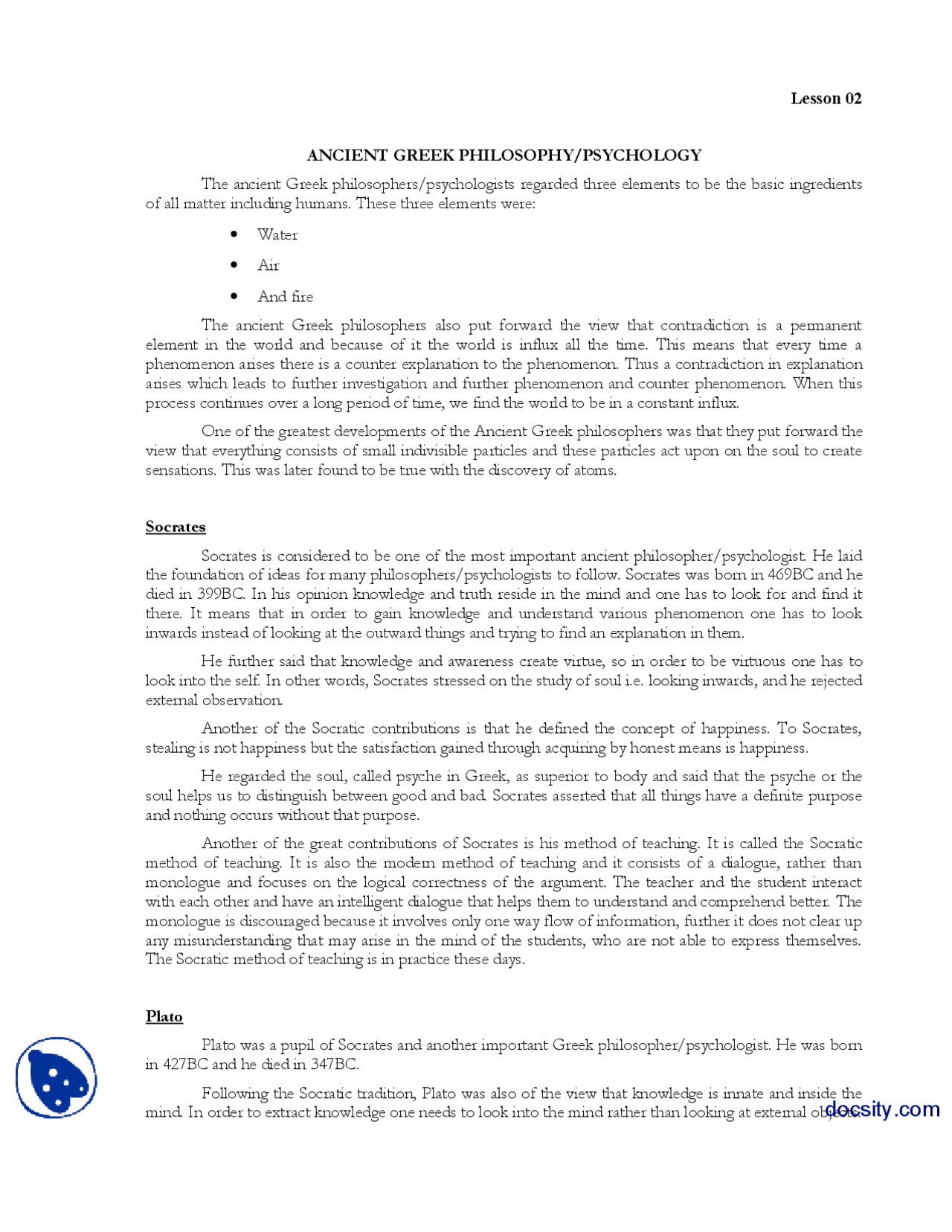 Socrates History Of Psycology Lecture Handout Docsity