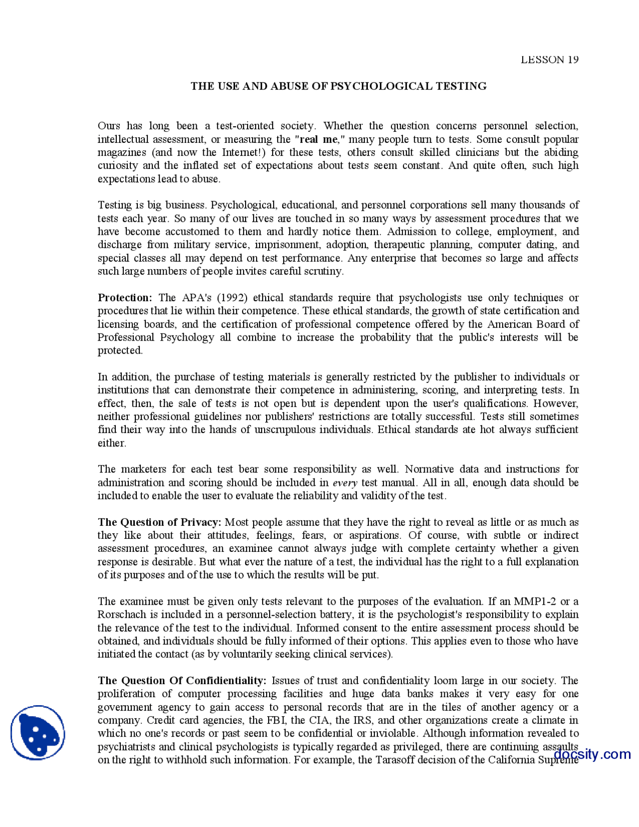 Psycoligical Testing Clinical Psycology Lecture Handout Docsity