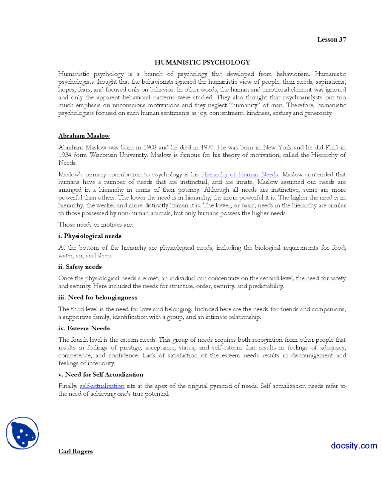 Humanistic Psychology History Of Psycology Lecture Handout Docsity
