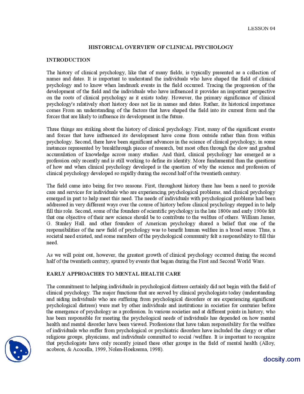 Hsitorical Overview Part 1 Clinical Psycology Lecture Handout Docsity
