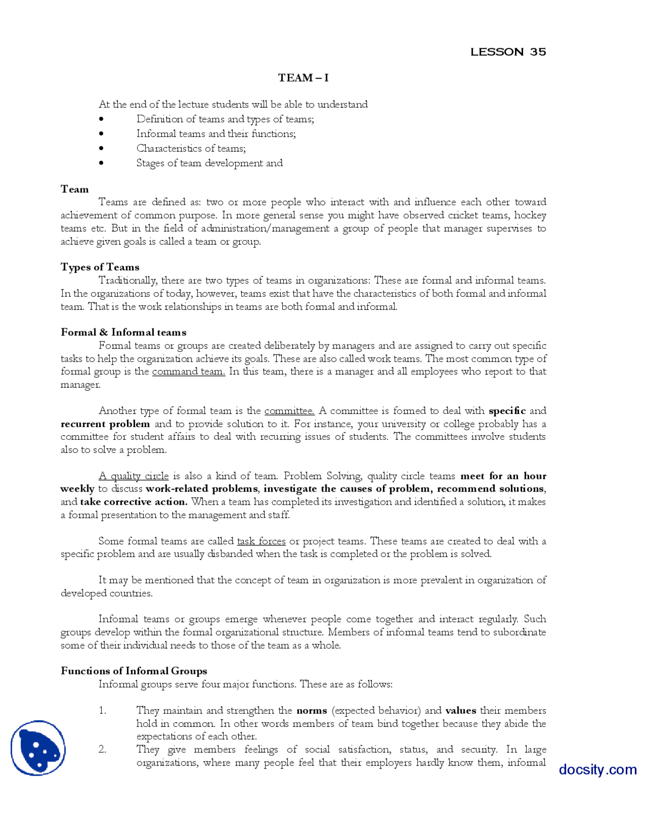Team I Introduction To Public Administration Lecture Handout Docsity
