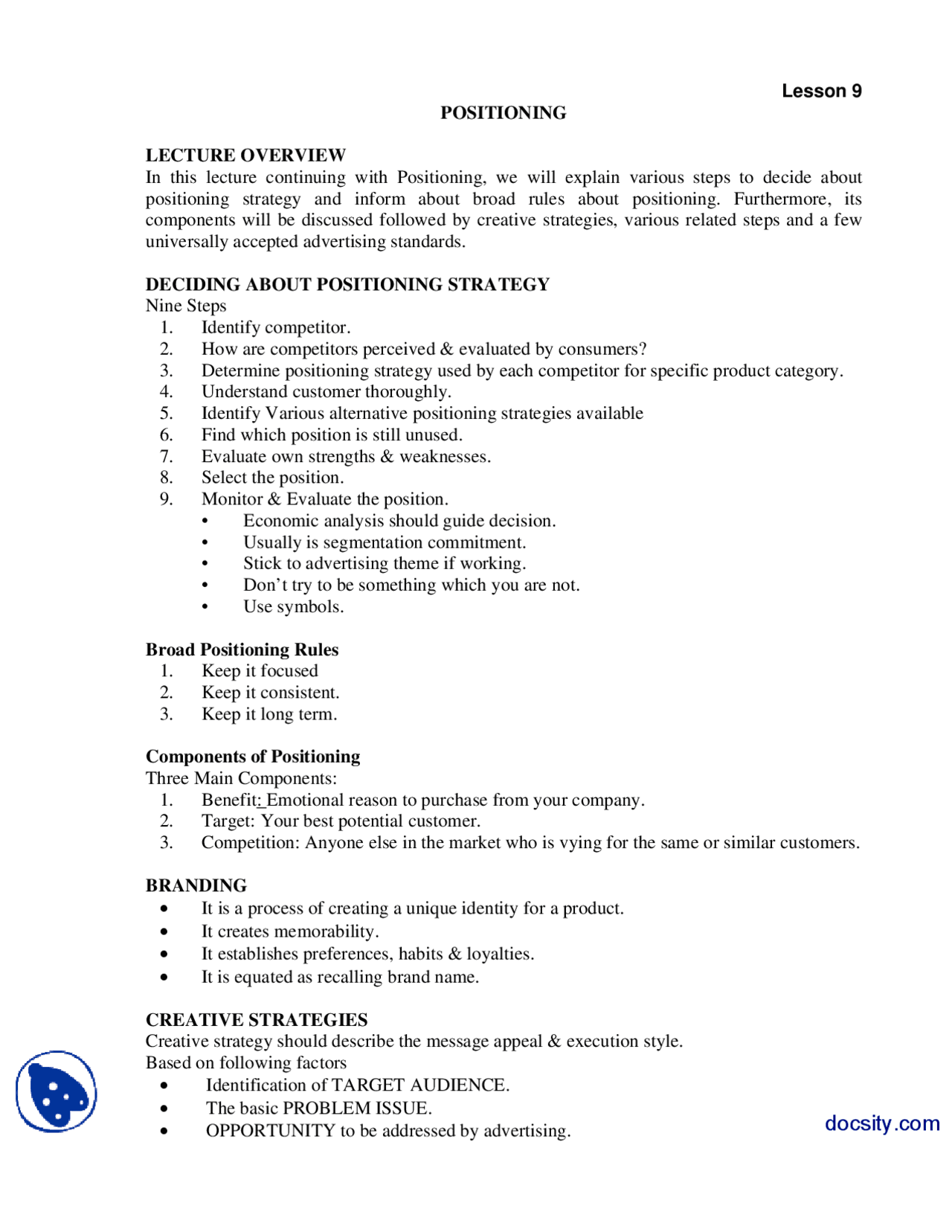 Positioning Part 1 Advertising And Promotion Lecture Handout Docsity