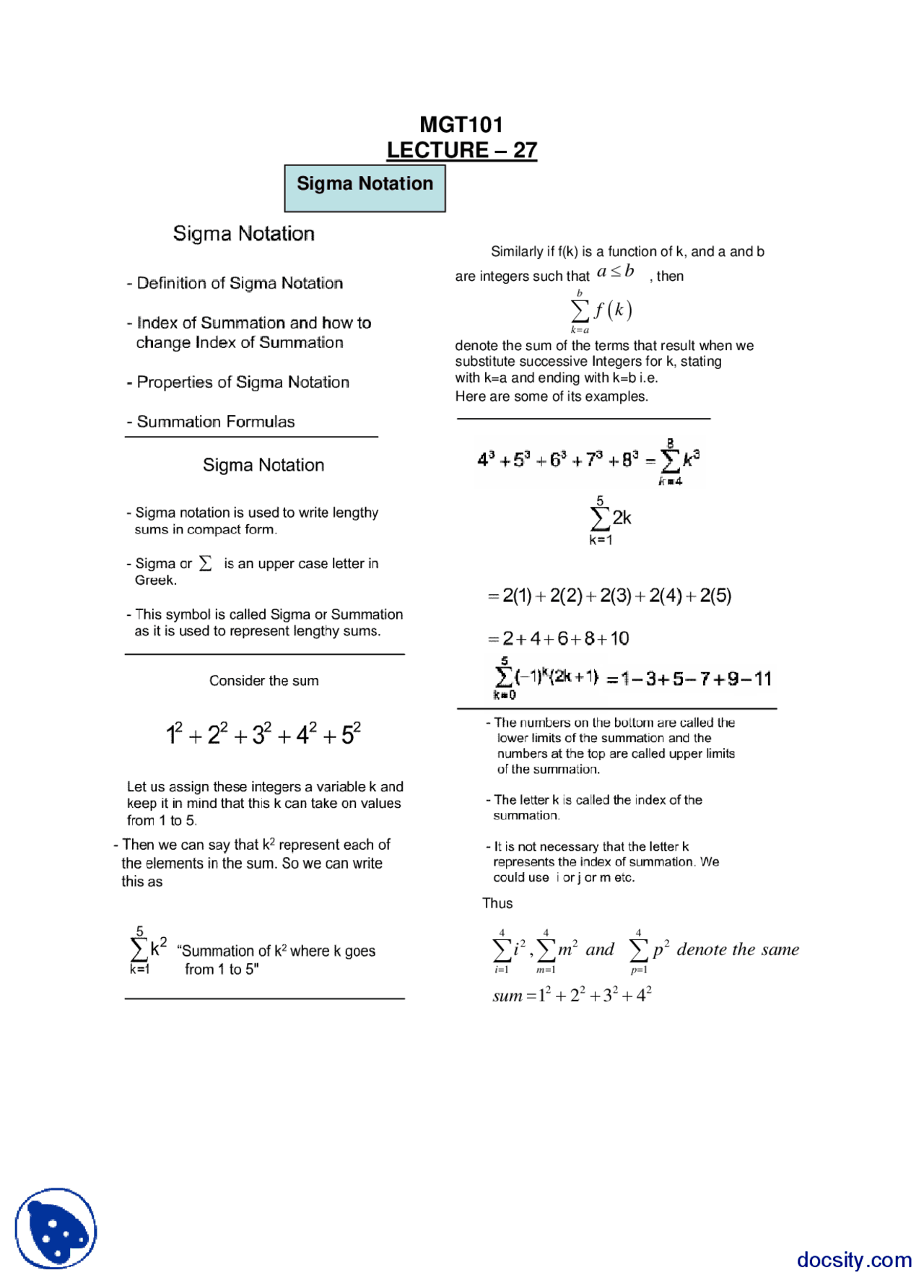 Sigma Notation General Mathematics Lecture Handout Docsity