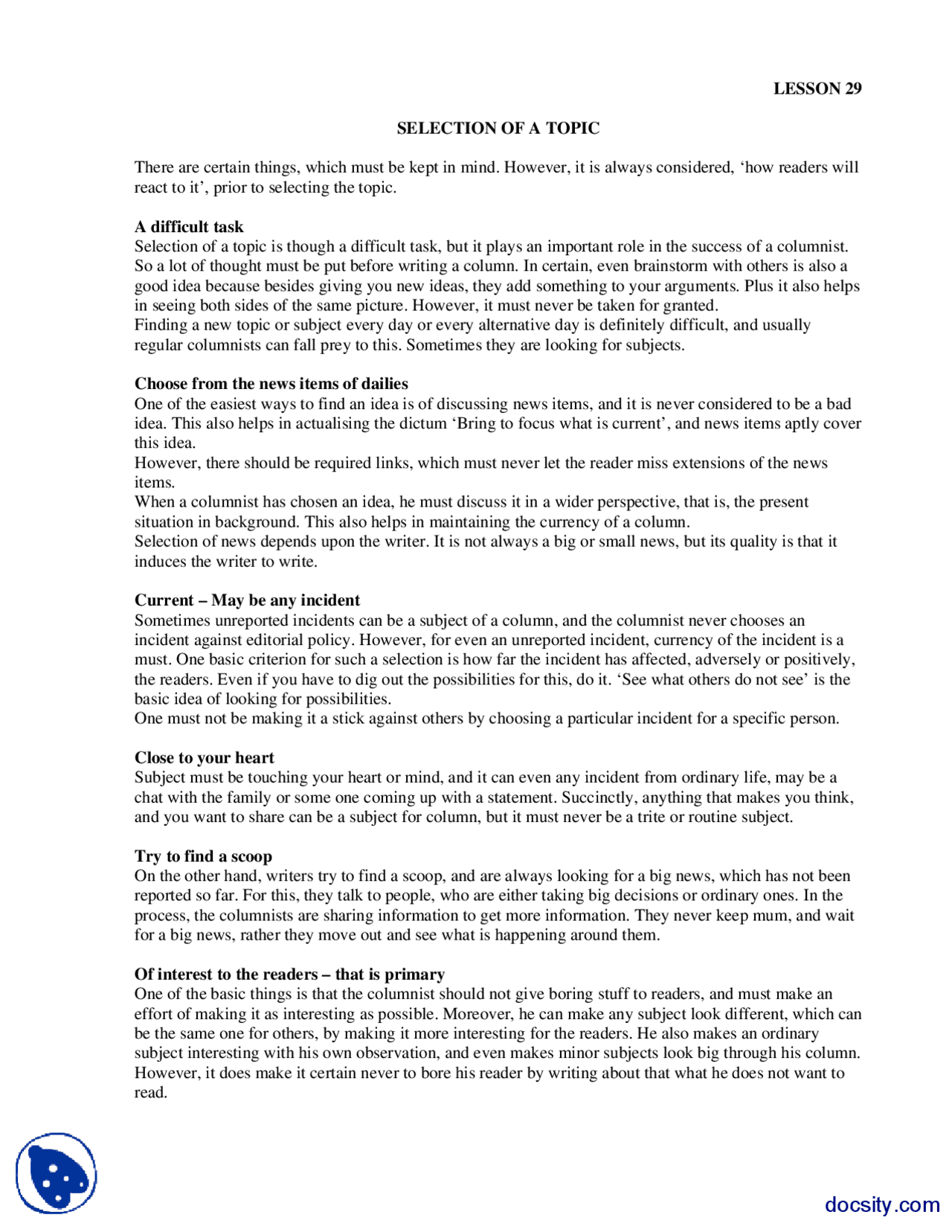 Selection Of Topic Feature And Coloumn Writing Lecture Handout Docsity
