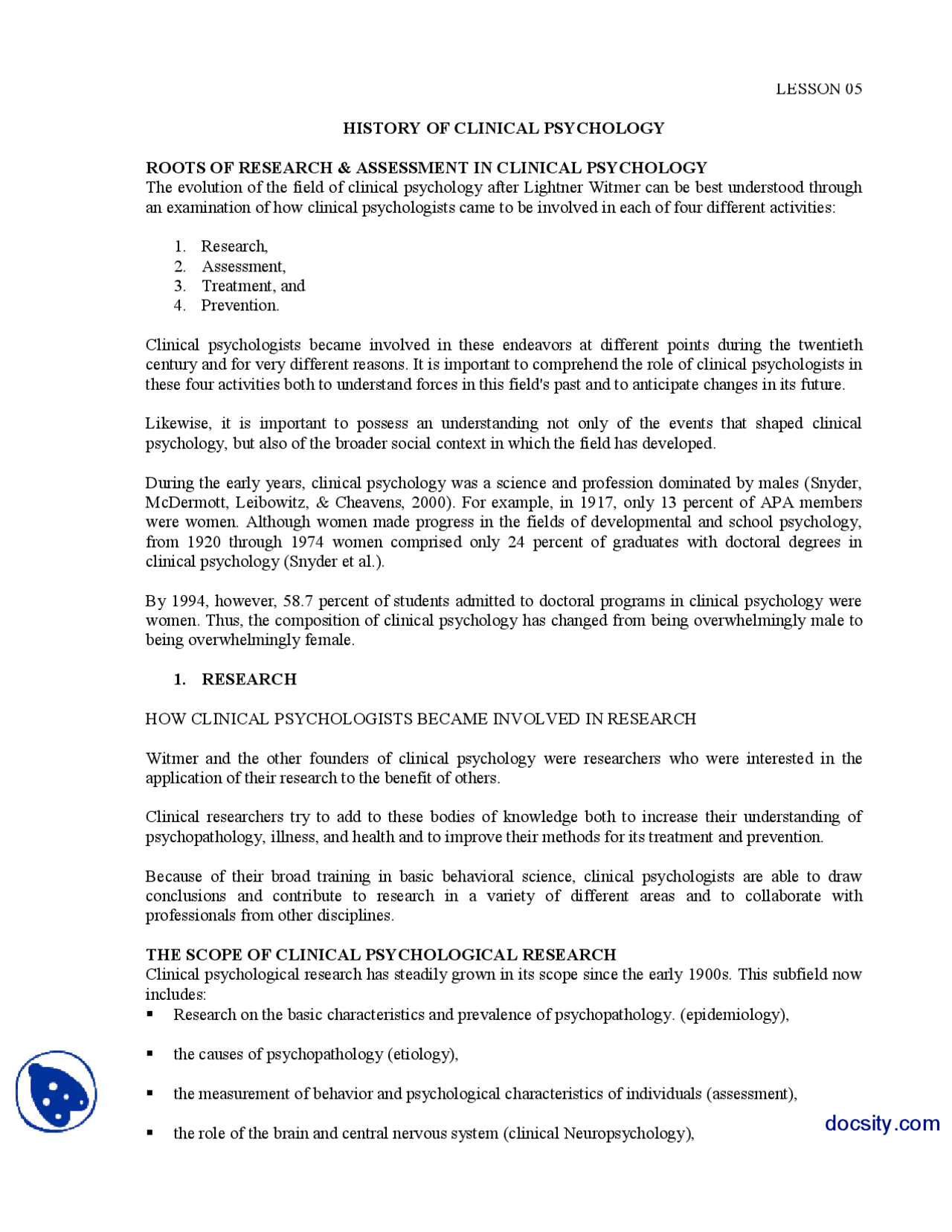 Hsitorical Overview Part 2 Clinical Psycology Lecture Handout Docsity