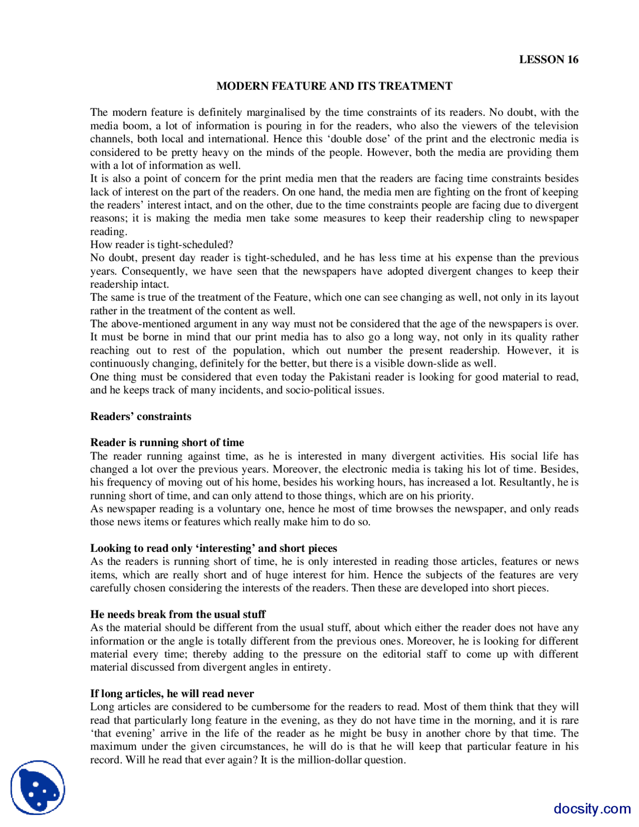 Modren Feature Part 1 Feature And Coloumn Writing Lecture Handout Docsity