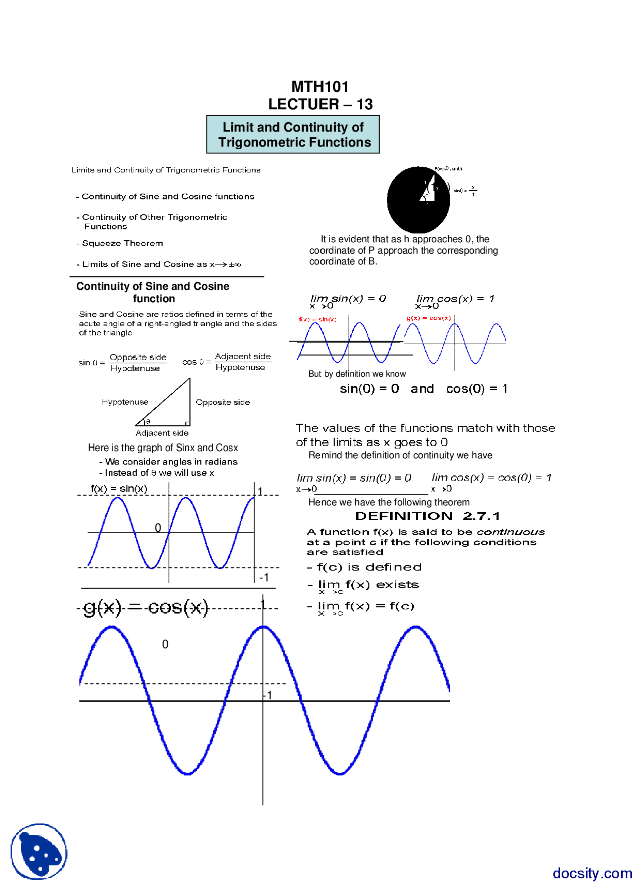 Limit And Continuity Of Trigonometric Functions General Mathematics