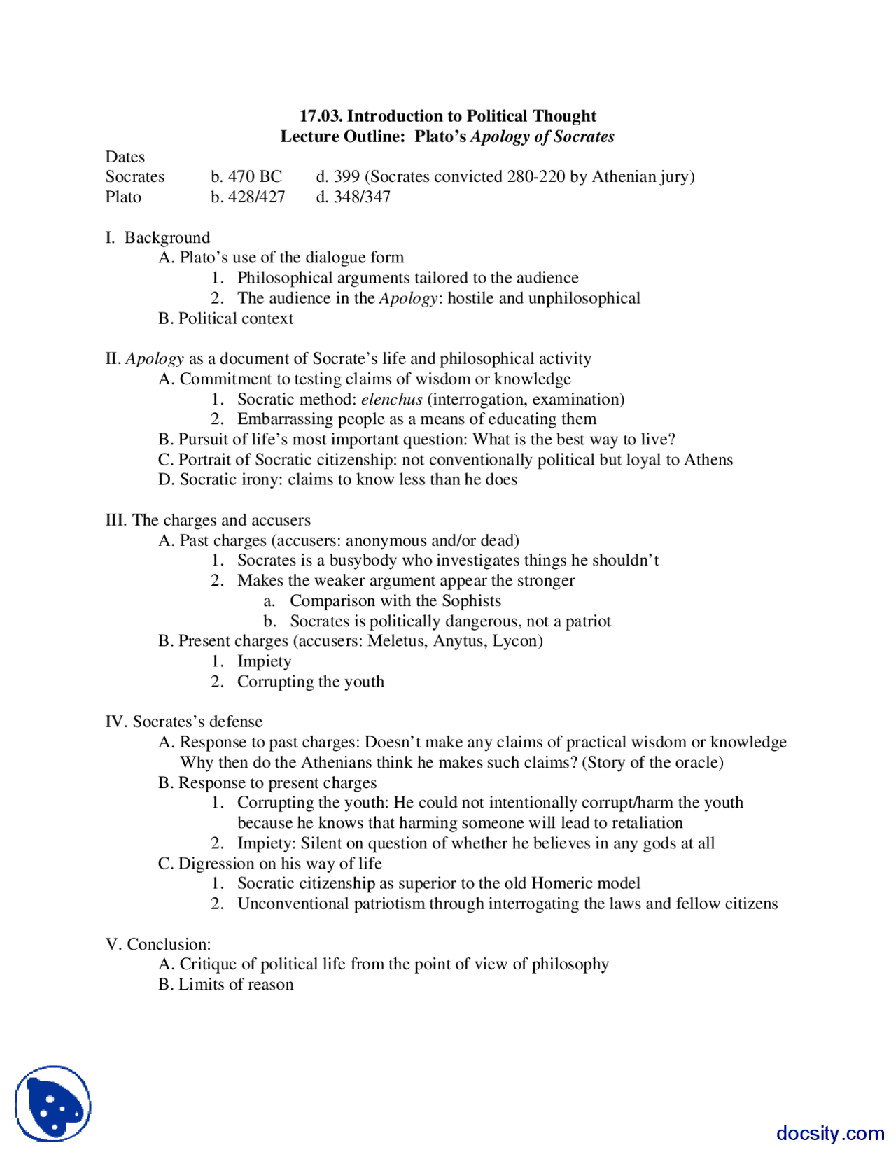 Apology Of Socrates Political Philosophy Lecture Handout Docsity