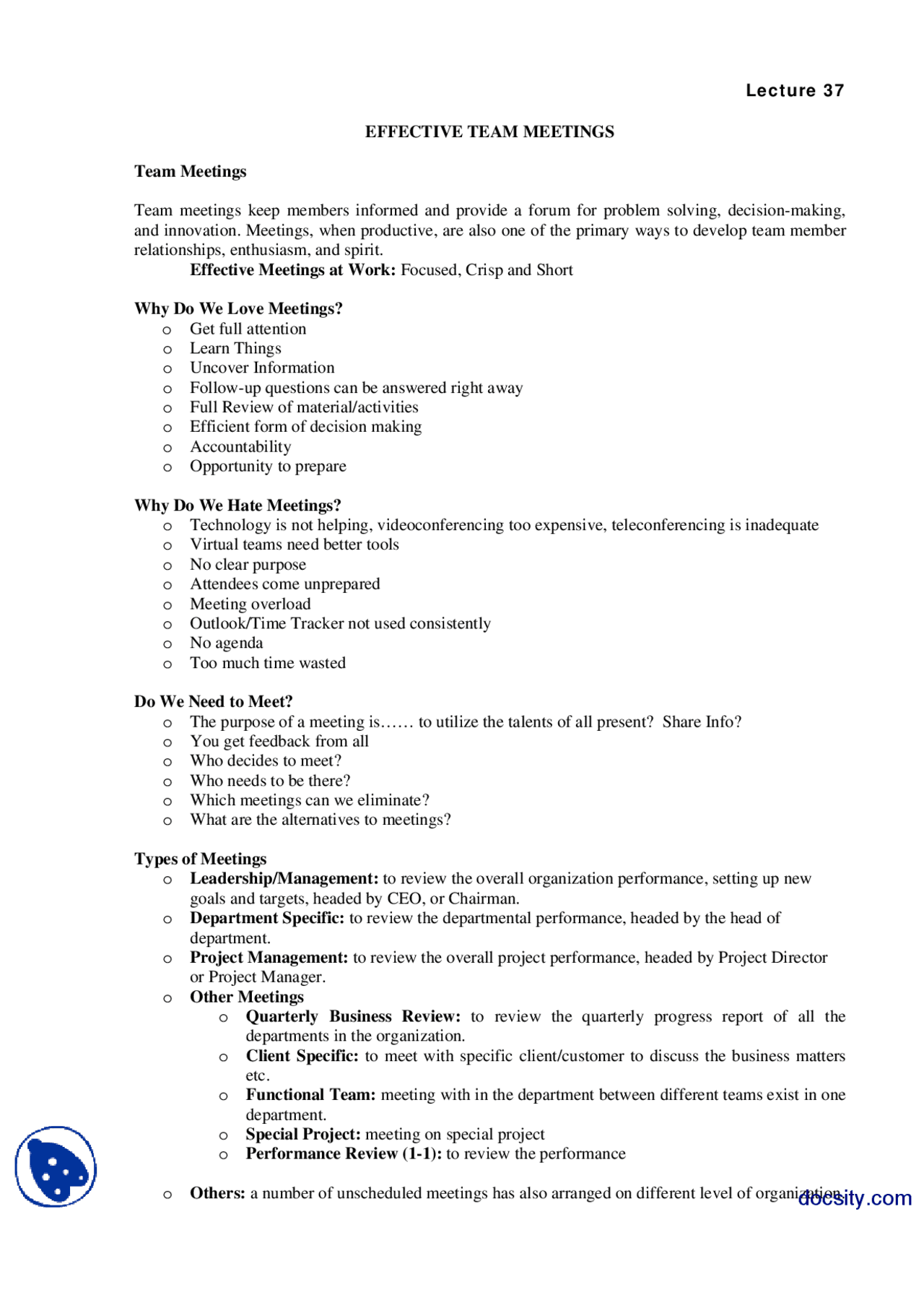 Effective Team Meetings Leadership And Team Managment Lecture Handout