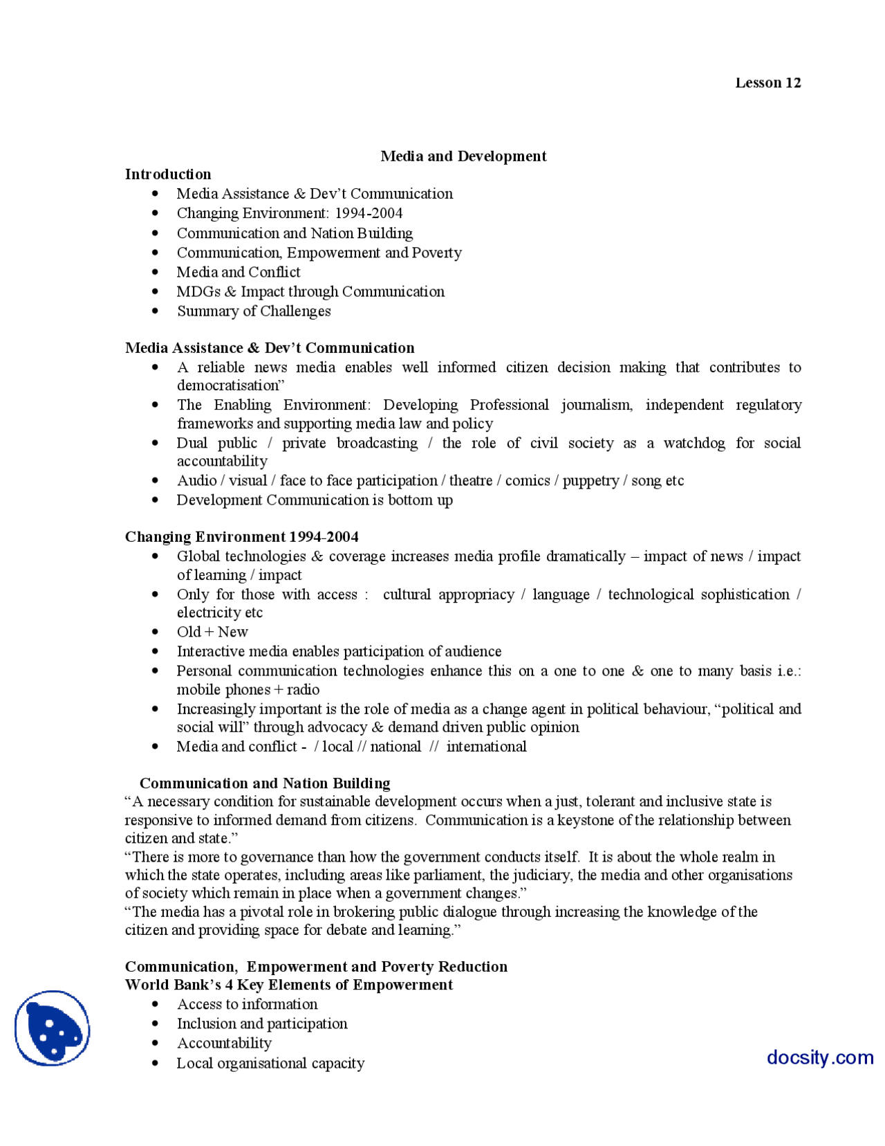 Media and Development-Development Communication-Lecture Handout - Docsity