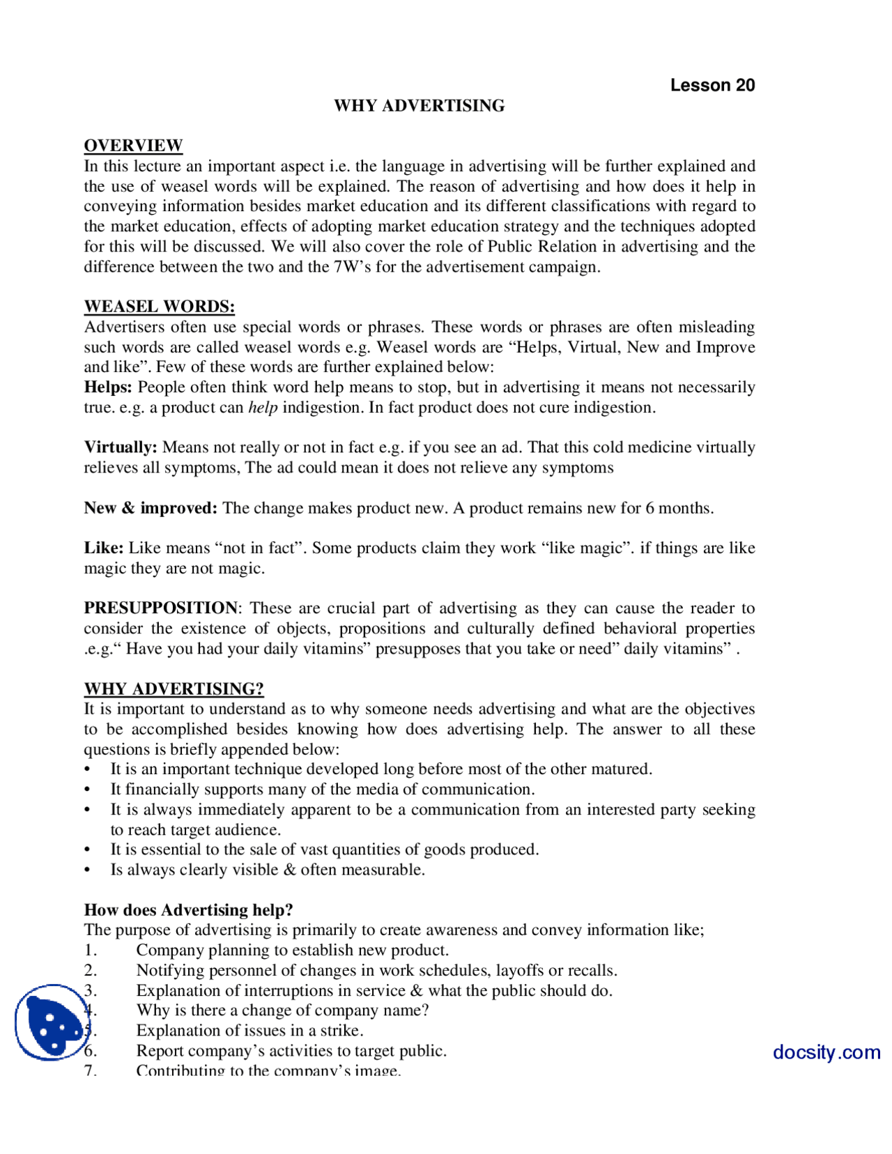 Why Advertising Advertising And Promotion Lecture Handout Docsity