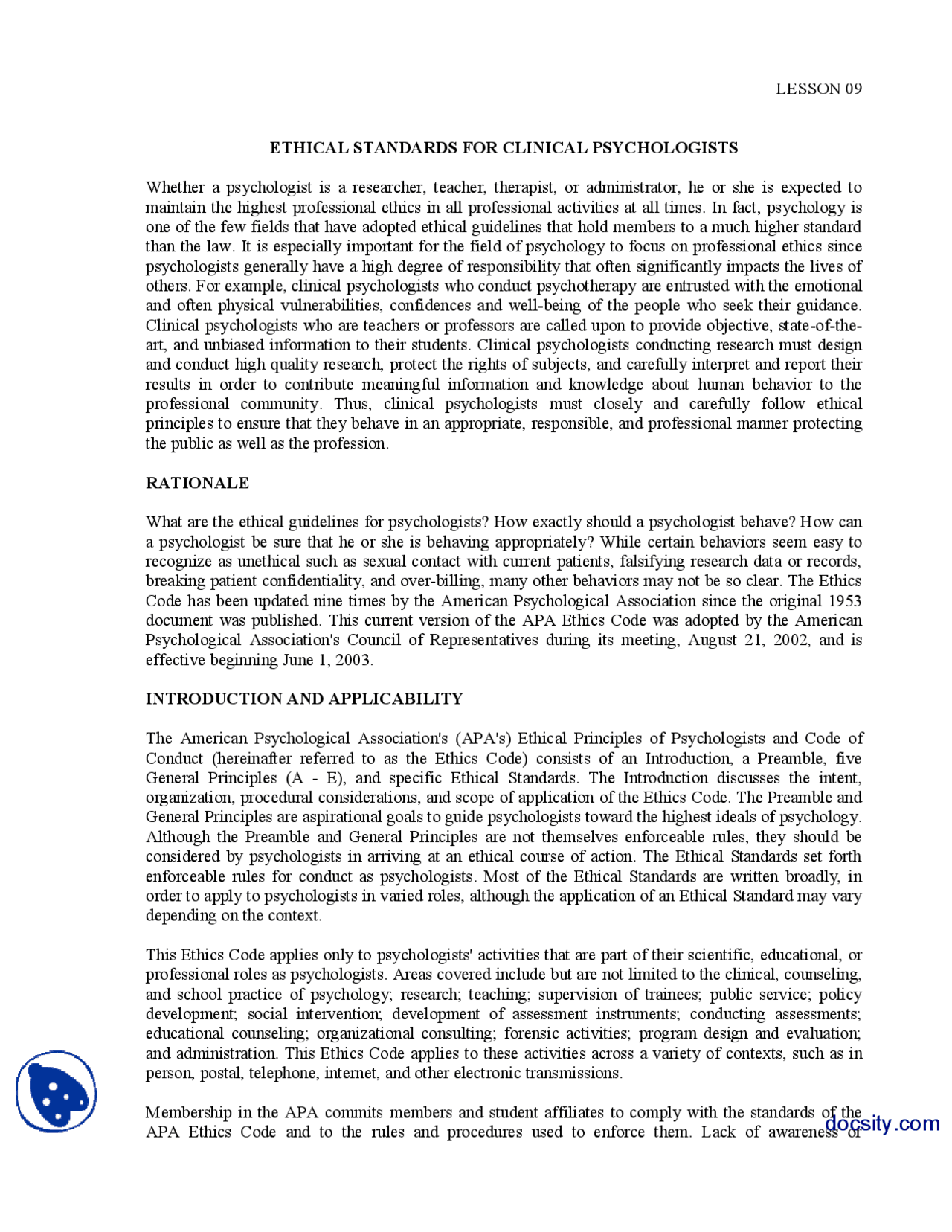 Ethical Standards Clinical Psycology Lecture Handout Docsity