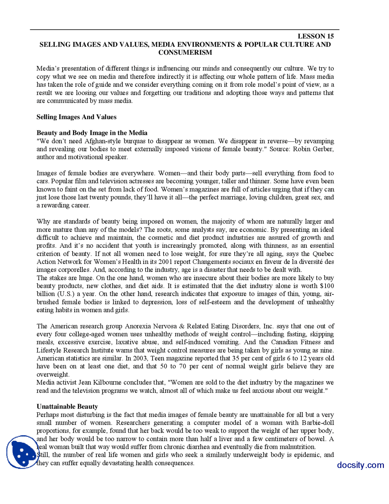 Selling Images And Values Contemporary Mass Media Lecture Handout Docsity