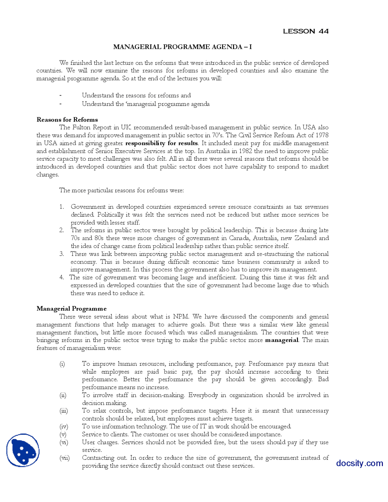 Managerial Programme Agenda-I-Introduction to Public Administration-Lecture Handout - Docsity