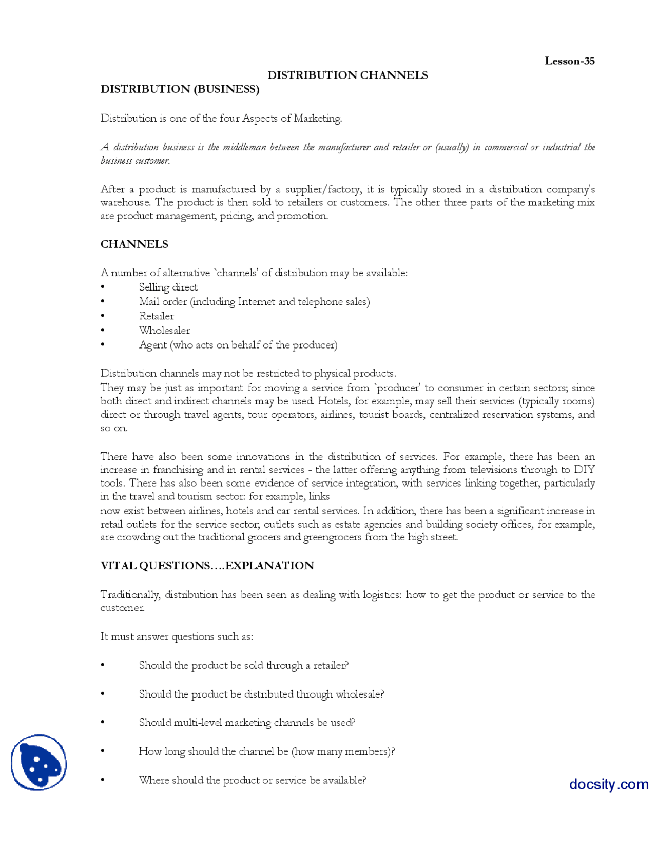 Distribution Channels-Marketing Managment-Lecture Handout - Docsity
