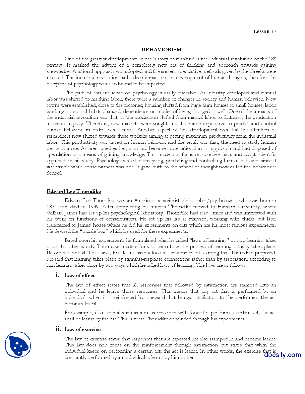 Behaviourism Part 1 History Of Psycology Lecture Handout Docsity