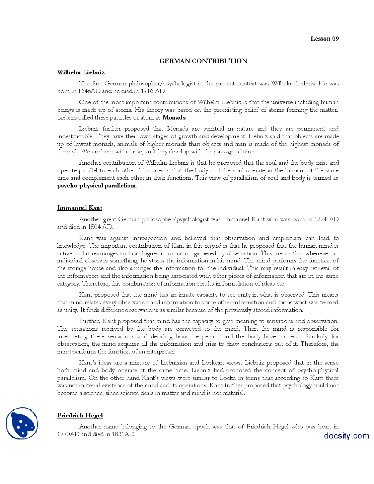 German Contribution History Of Psycology Lecture Handout Docsity