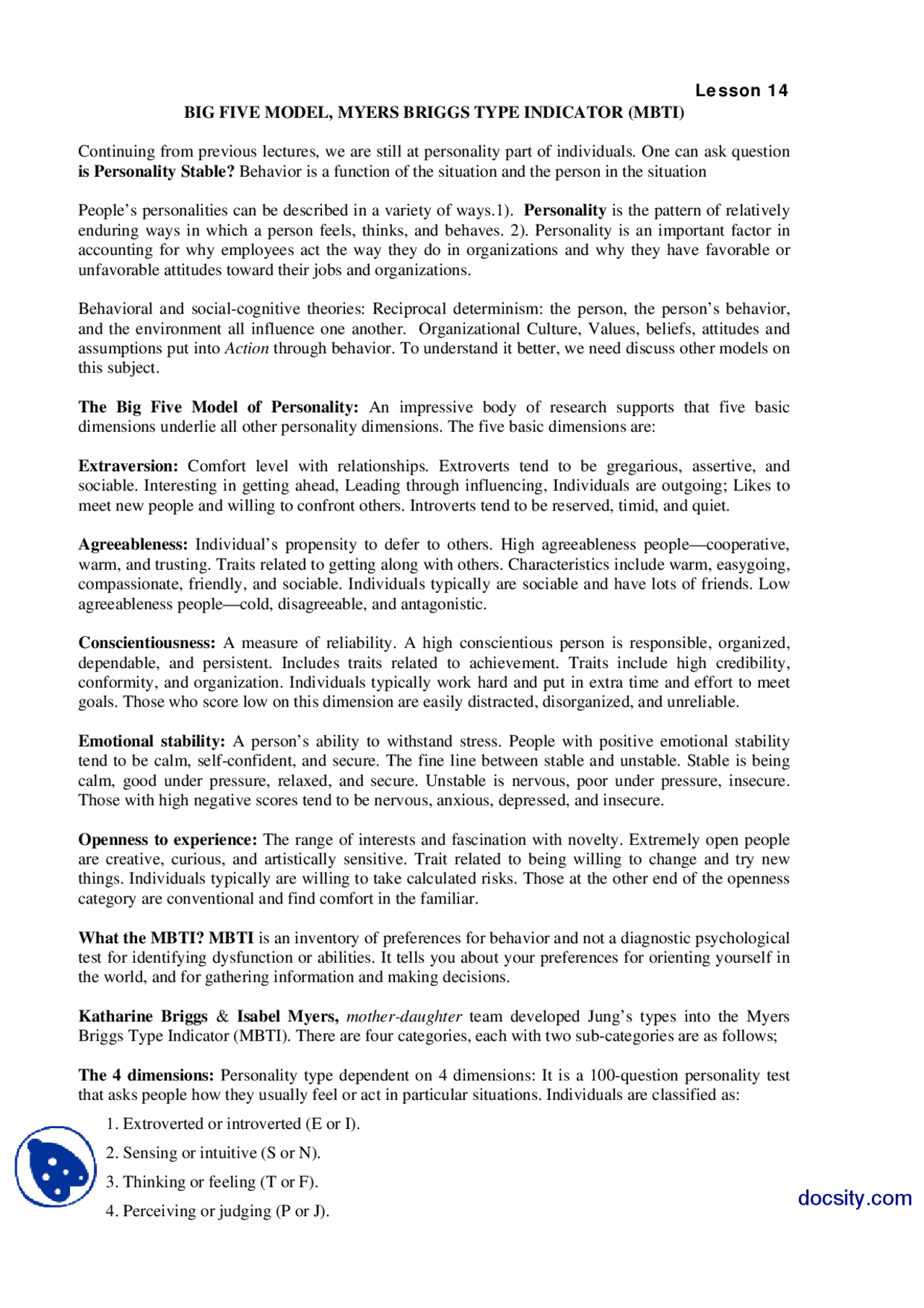 Big Five Model Leadership And Team Managment Lecture Handout