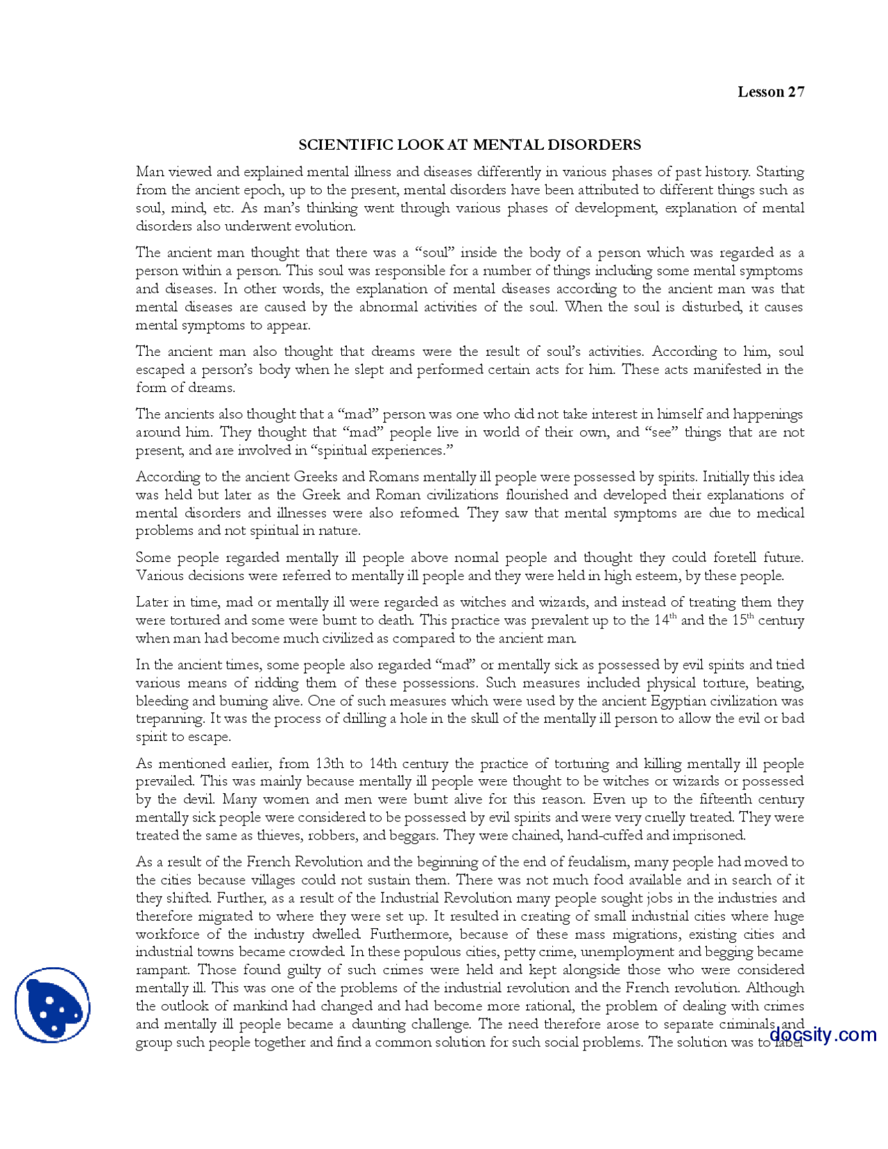 Mental Disordes History Of Psycology Lecture Handout Docsity