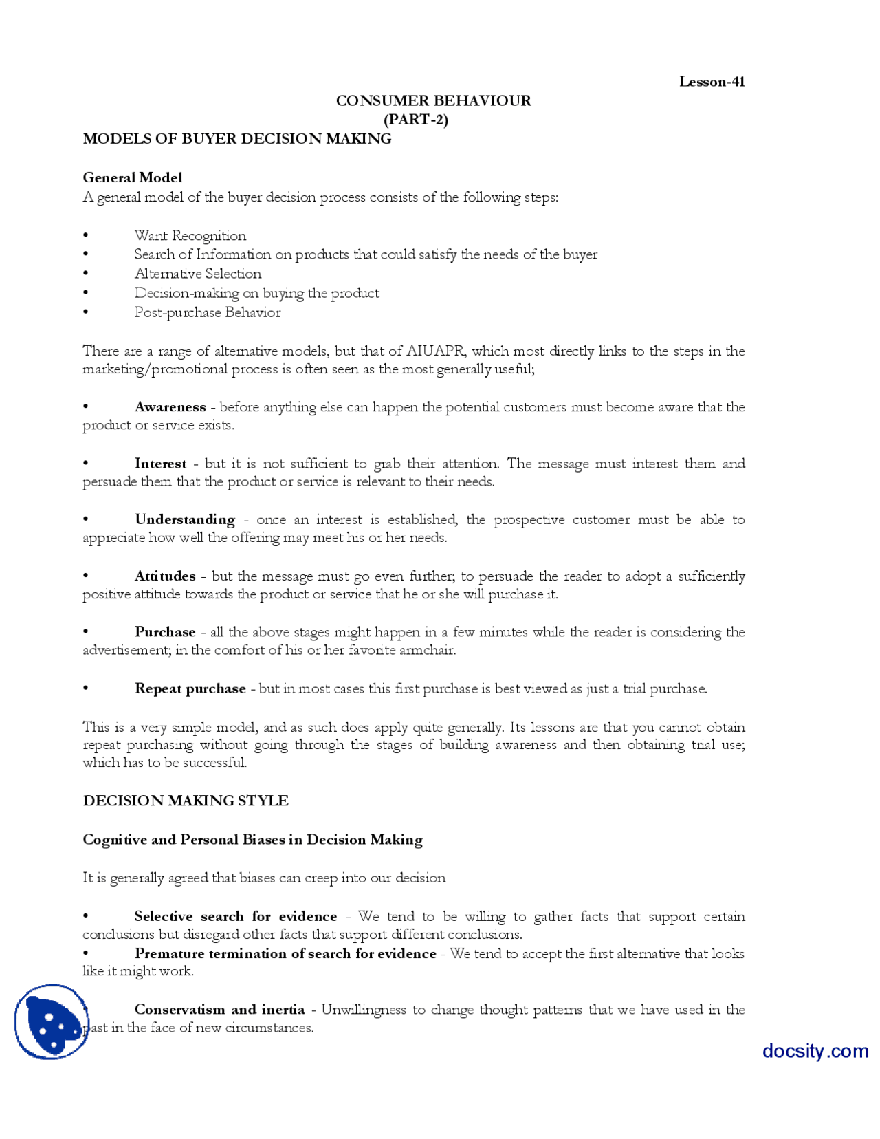 Consumer Behaviour Part2 Marketing Managment Lecture Handout Docsity