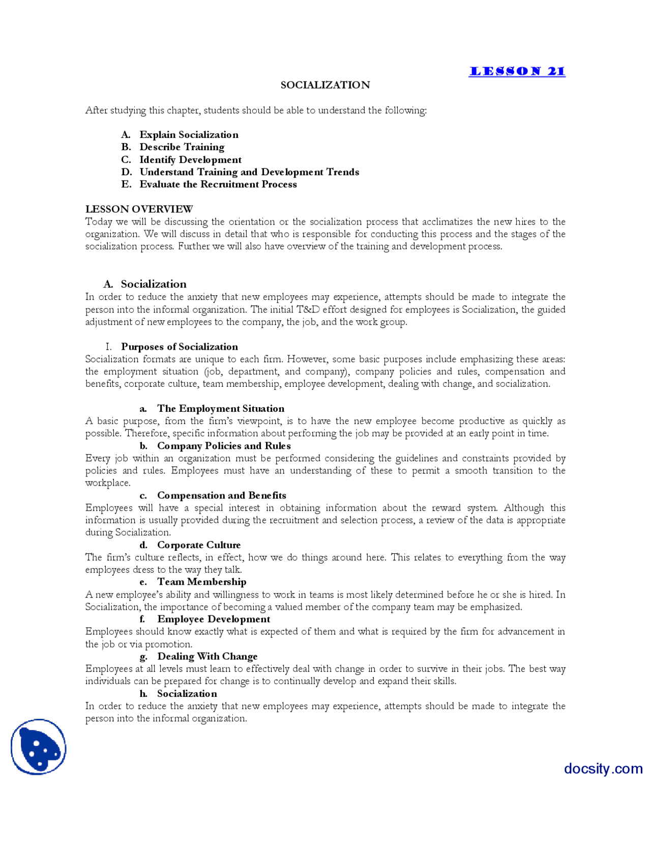 Socialization Human Resource Managment Lecture Handout Exercises