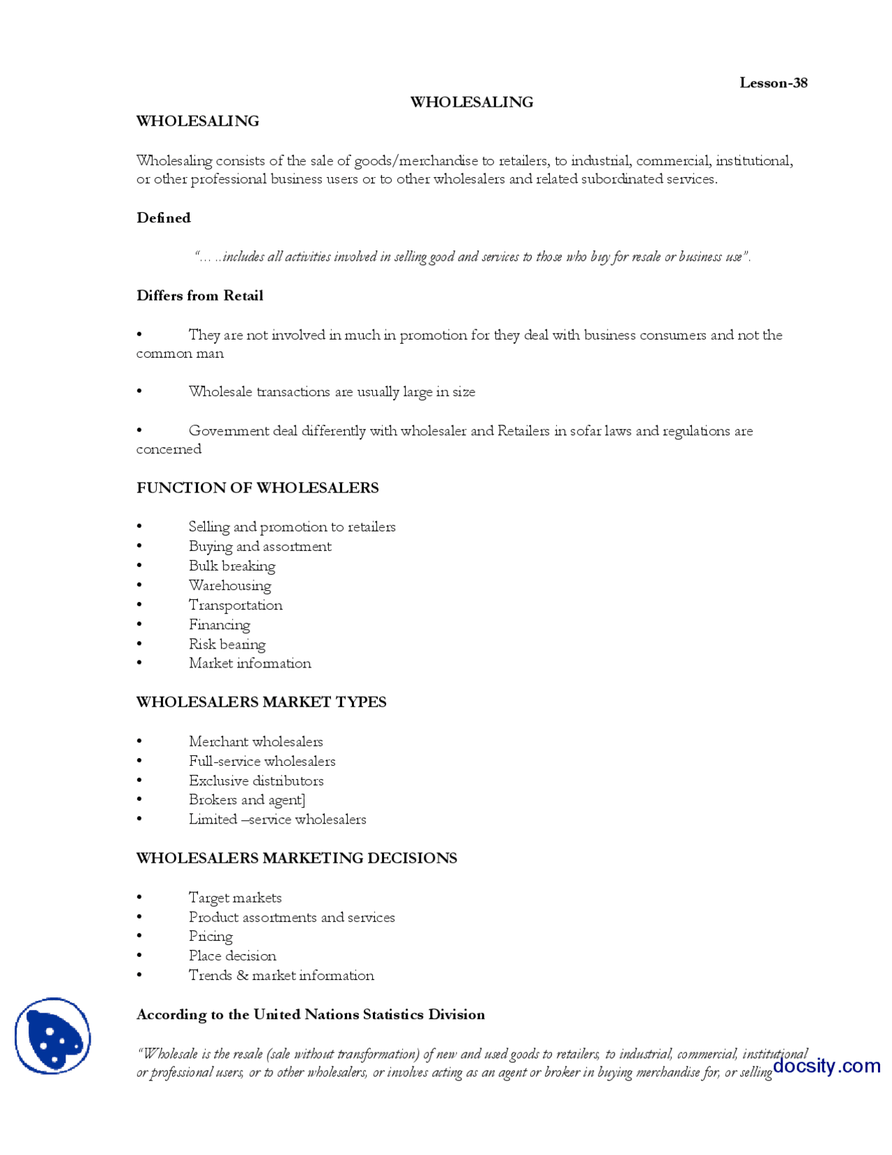 Wholesaling Marketing Managment Lecture Handout Docsity