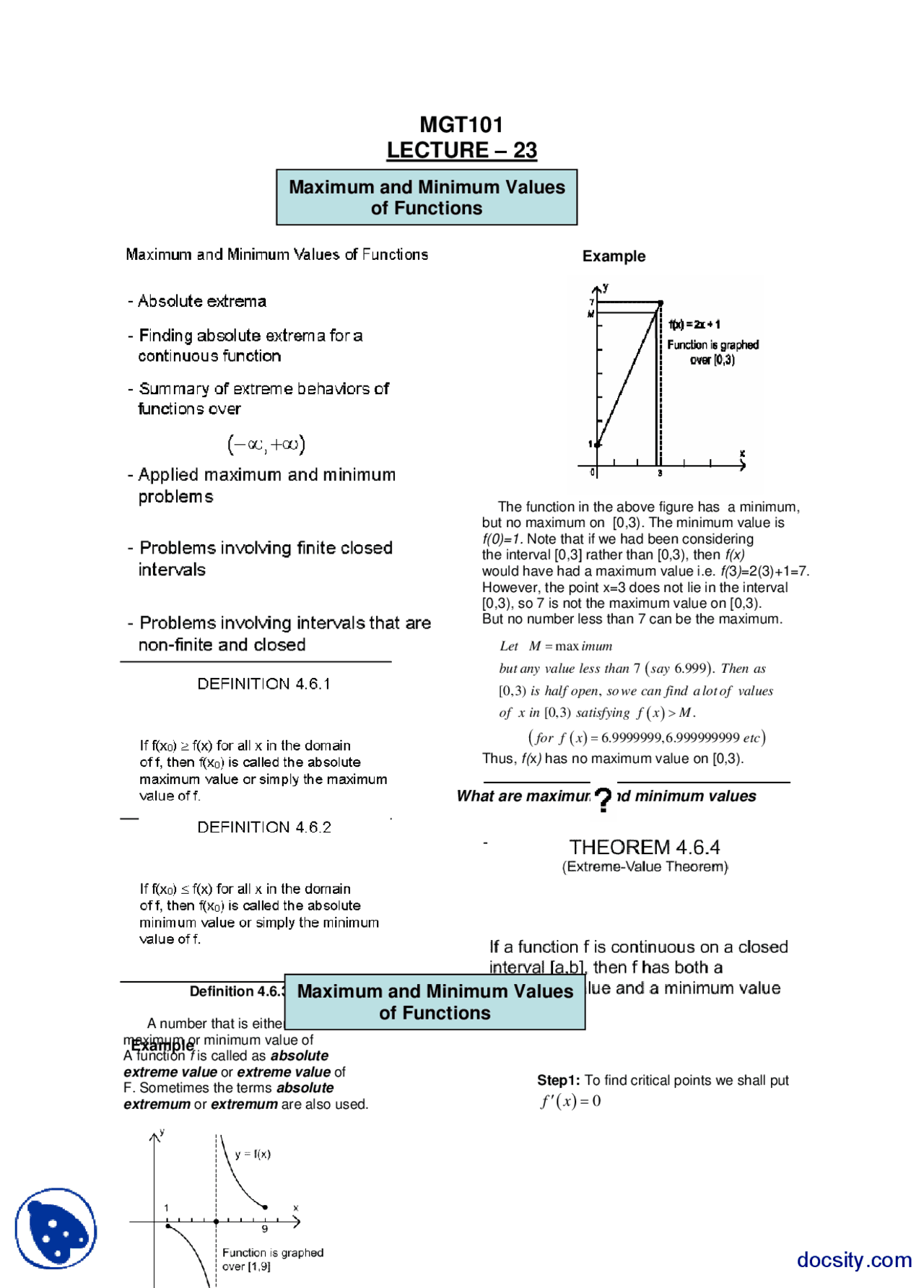 Maximum and Minimum Values of Functions-General Mathematics-Lecture Handout | Exercises ...