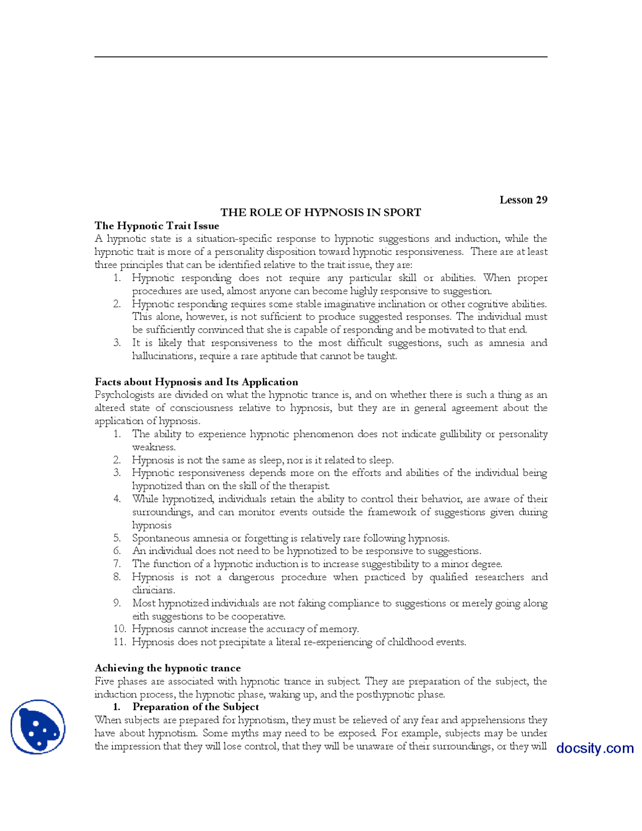 The Hypnotic Trait Issue Sports Psycology Lecture Handout Docsity