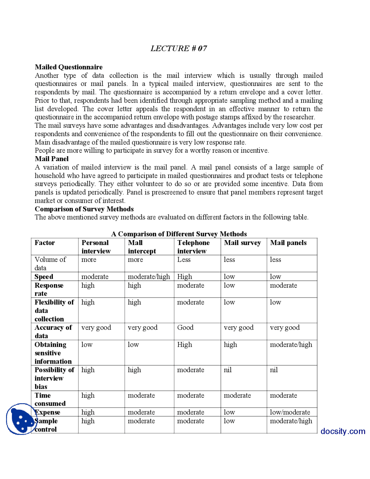 Mailed Questionnaire Marketing Research Lecture Handout Exercises