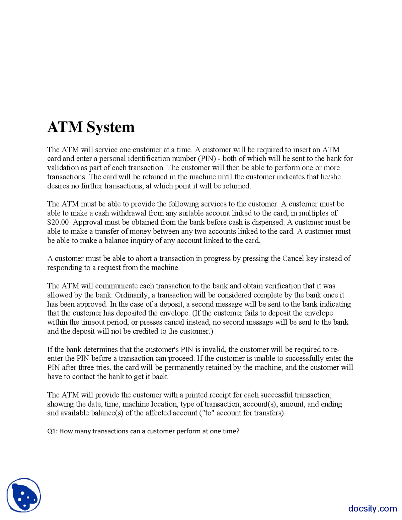 ATM System Part 1-Introduction to Software Engineering-Assignment and ...
