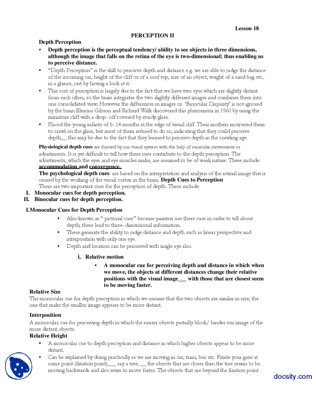 Perception Ii Introduction To Psycology Lecture Handout Docsity