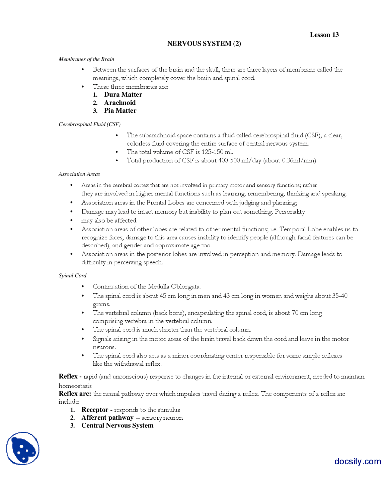 Nervous System 2 Introduction To Psycology Lecture Handout Docsity