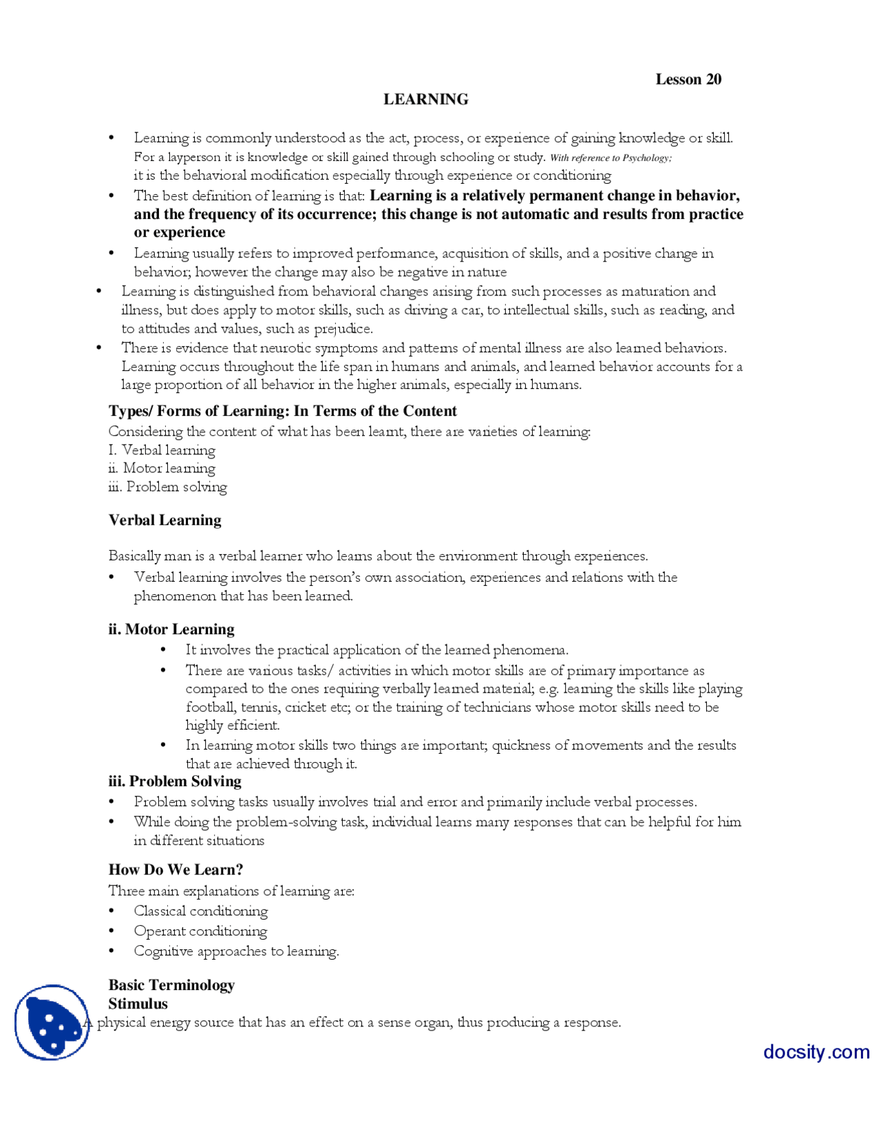 Learning Introduction To Psycology Lecture Handout Docsity