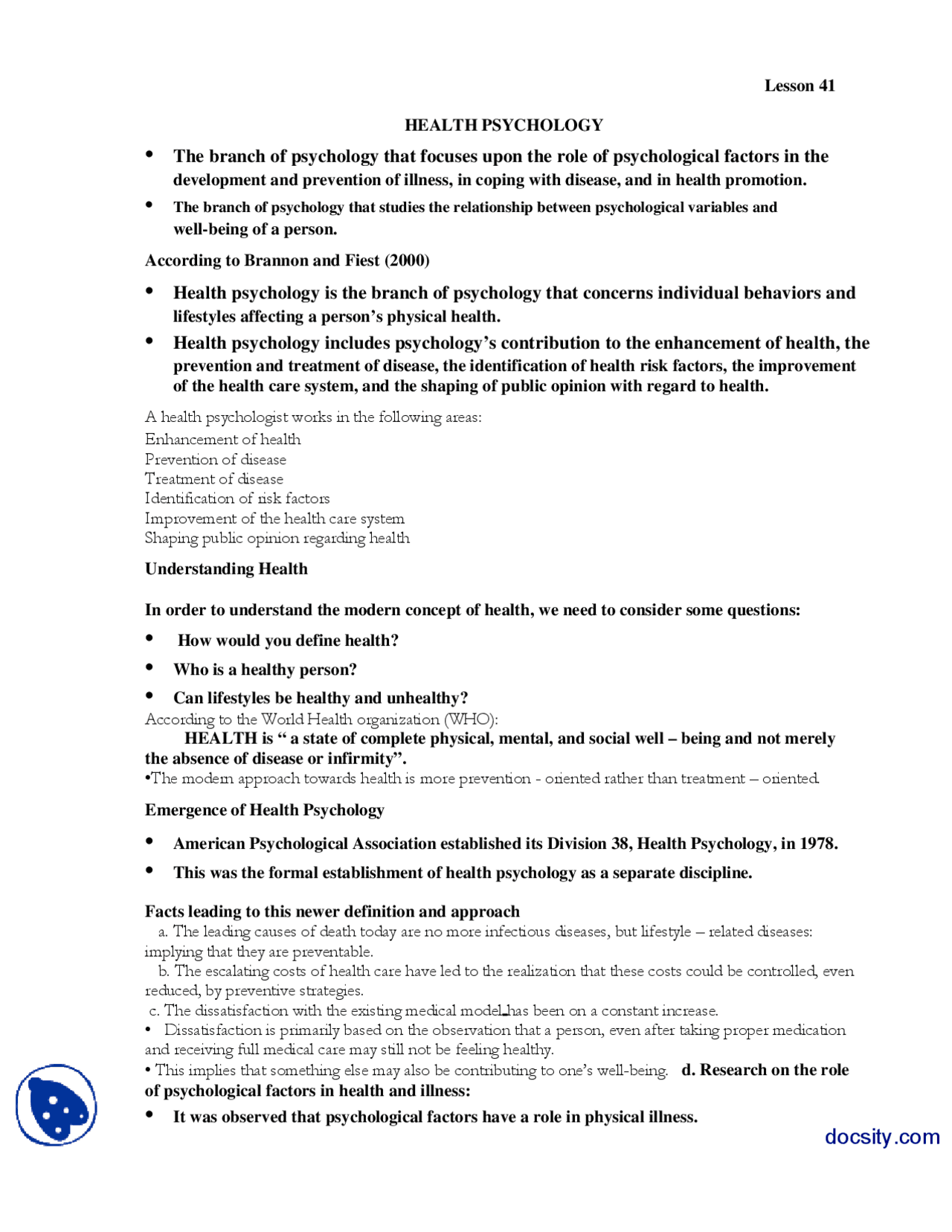 Health Psychology Introduction To Psycology Lecture Handout Docsity