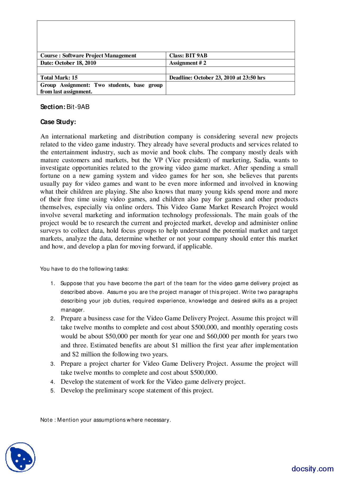 Video Game Delivery Project Software Project Managment Assignment Docsity