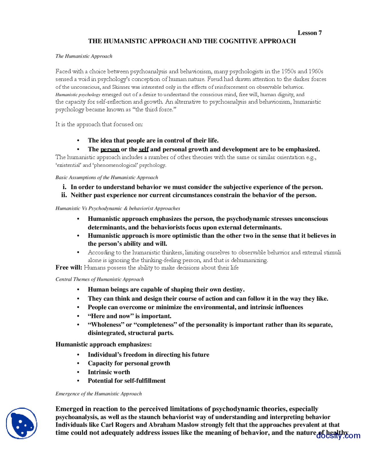 The Humanistic Approach Introduction To Psycology Lecture Handout Docsity