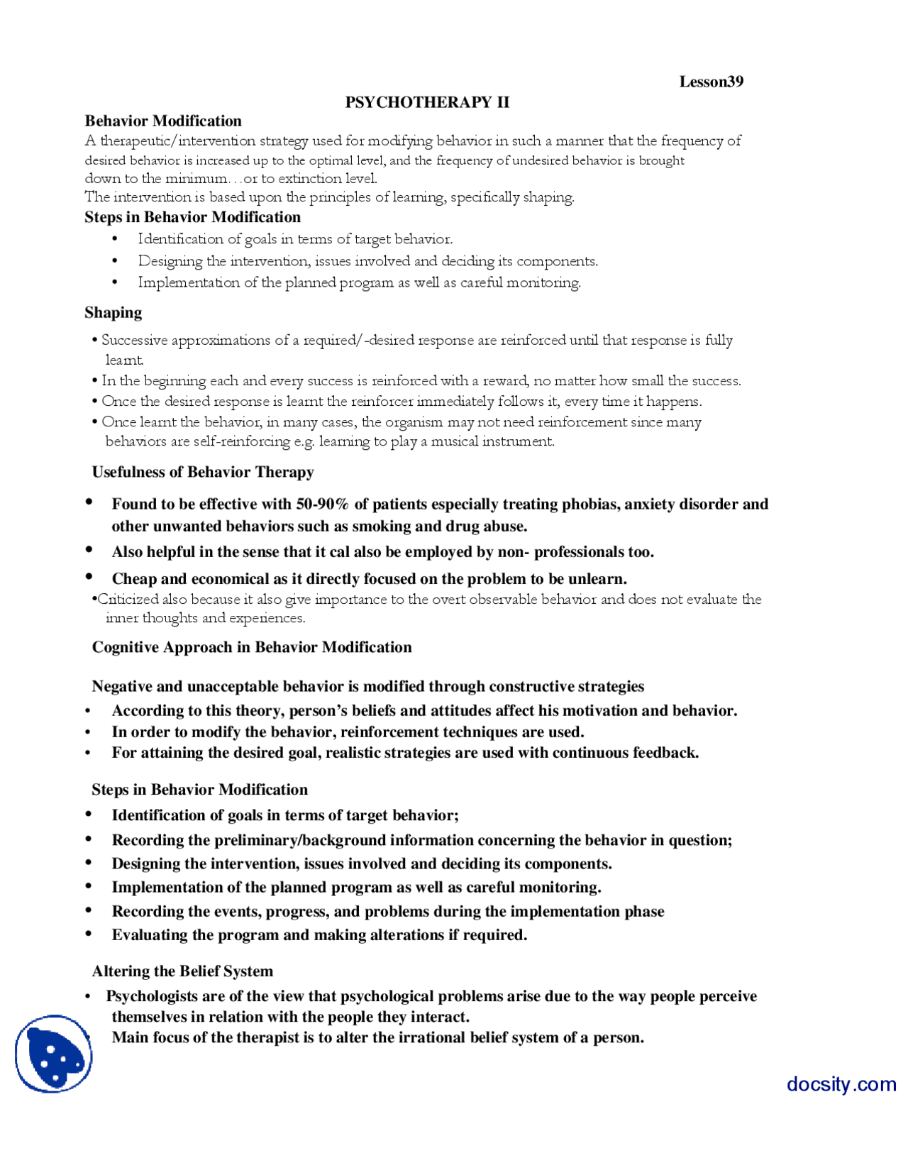 Psychotherapy Ii Introduction To Psycology Lecture Handout Docsity