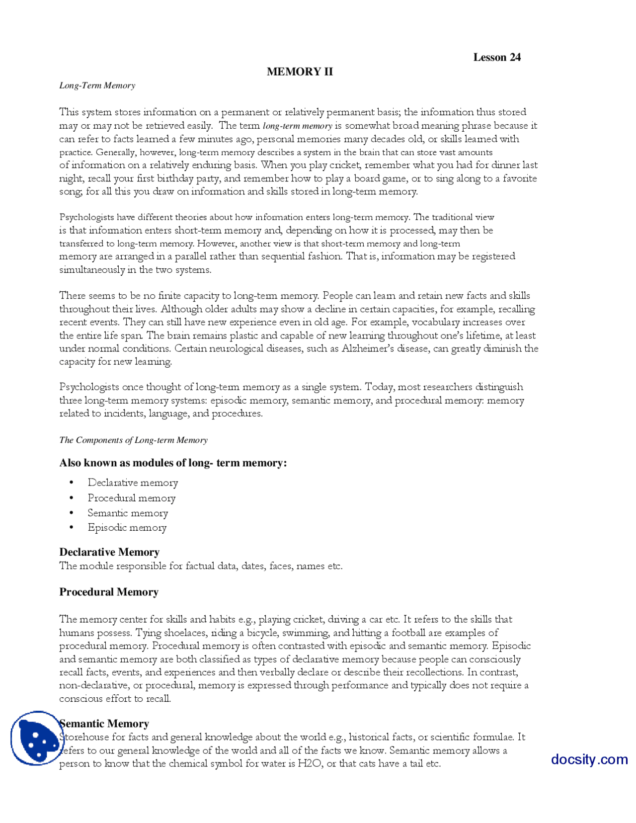 Memory Ii Introduction To Psycology Lecture Handout Docsity