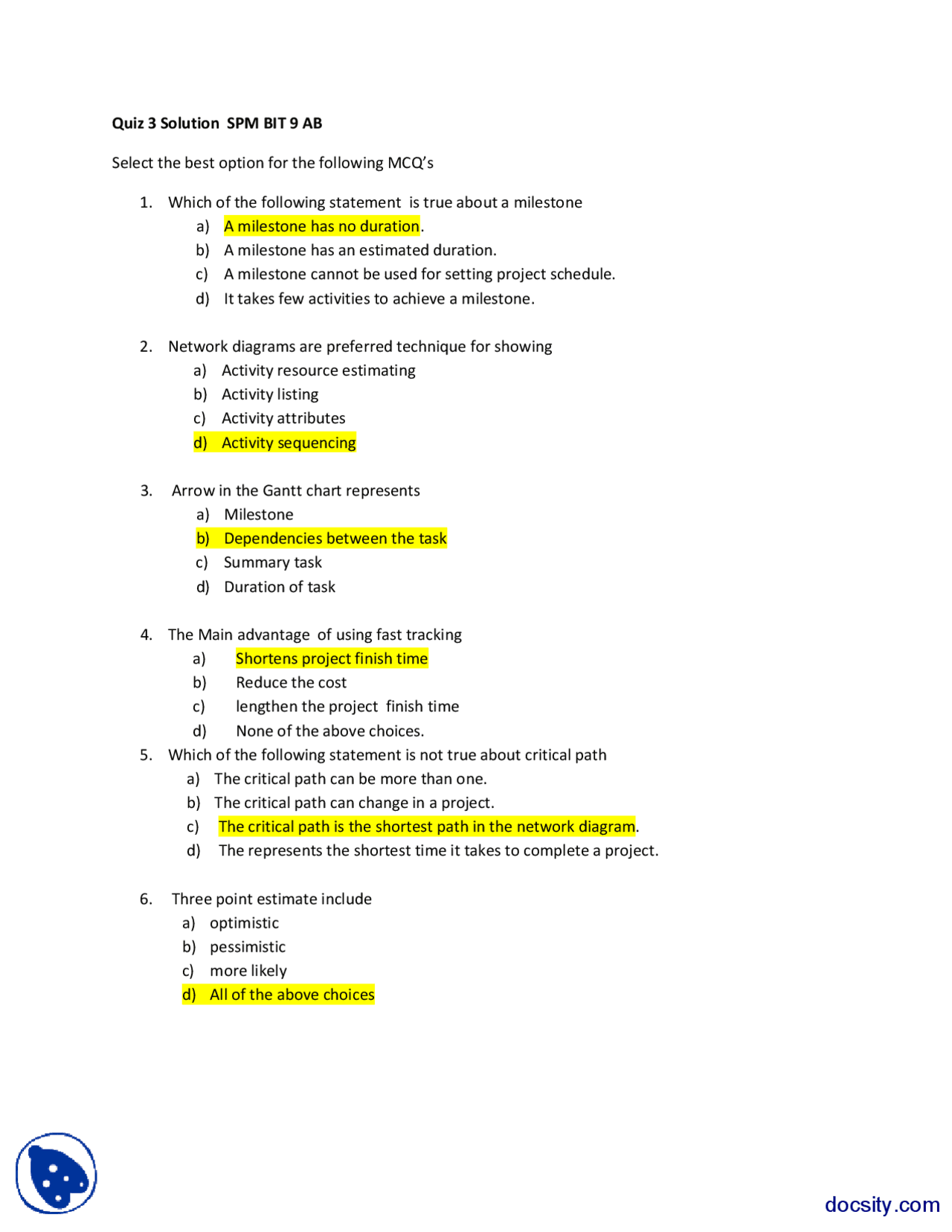 Network Diagrams Software Project Managment Quiz Exercises Software