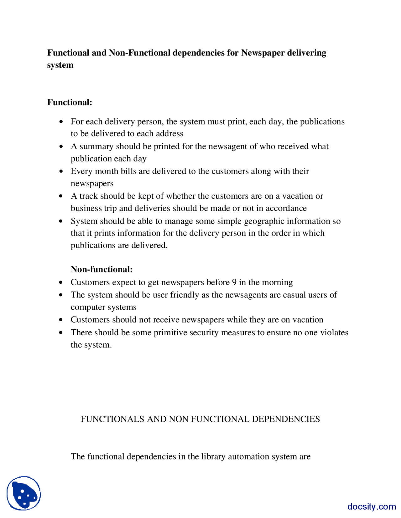 Functional And Non Functional Dependencies For Newspaper Delivering System Part 1 Software