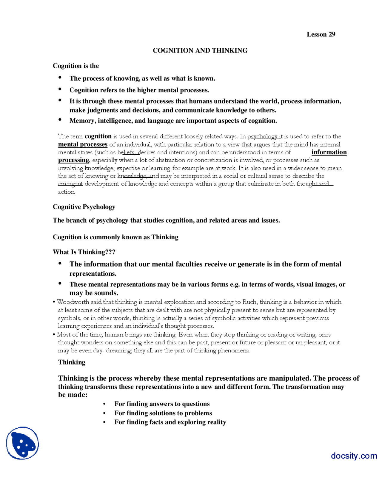 Cognition And Thinking Introduction To Psycology Lecture Handout