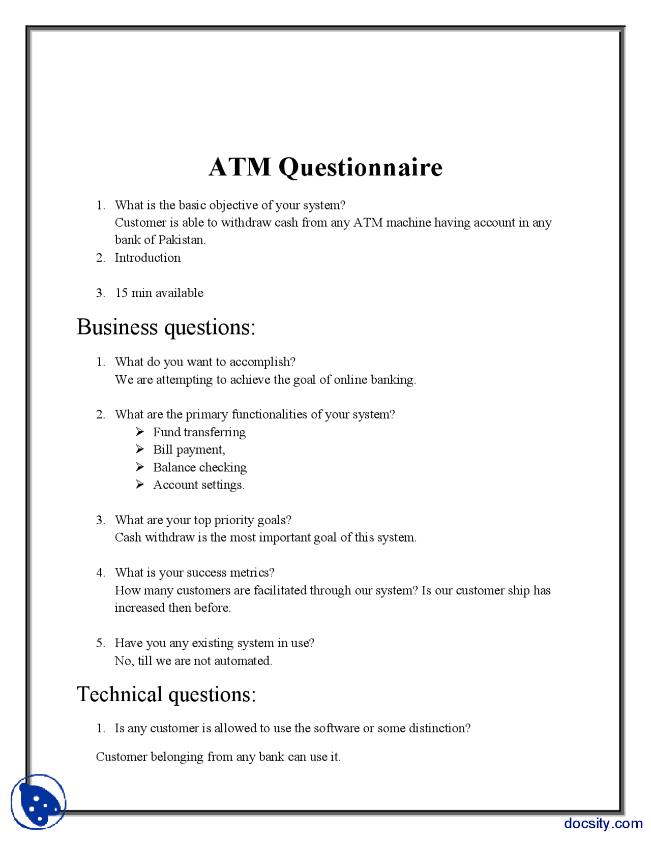 Atm Questionnaire Part 1 Basics Of Software Engineering Assignment And